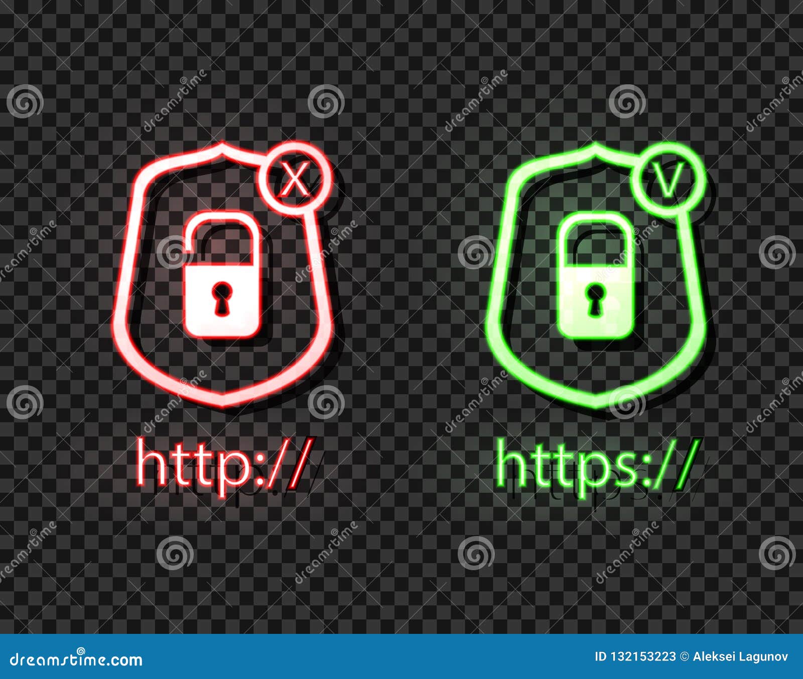 Vector Neon Icons: Http and Https Protocols with Lock, Green and Red ...
