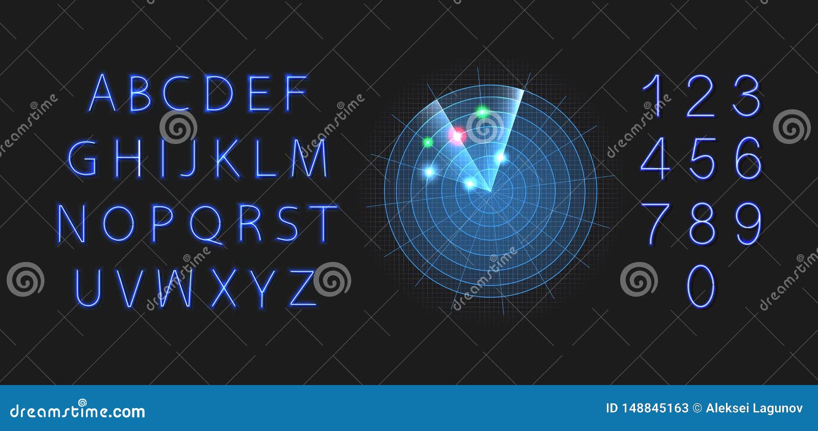 Vector Neon Radar Sign and Blue Glowing Font Isolated on Black ...