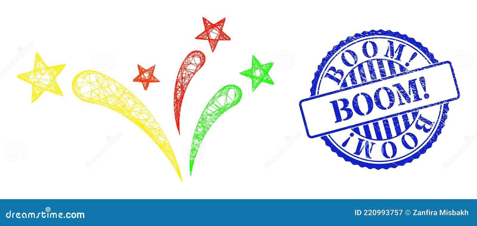 Rubber Boom! Stamp and Network Star Fireworks Mesh Stock Vector ...