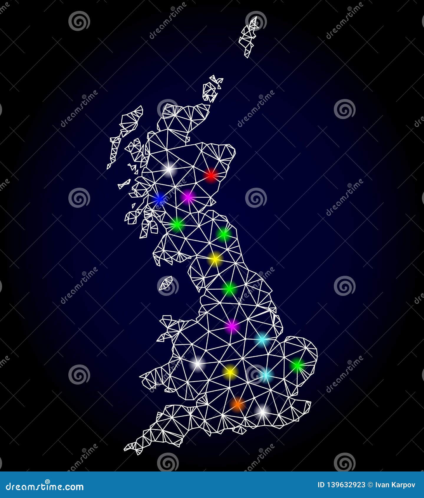 Vector Network Mesh Map of Great Britain with Light Spots for Christmas ...