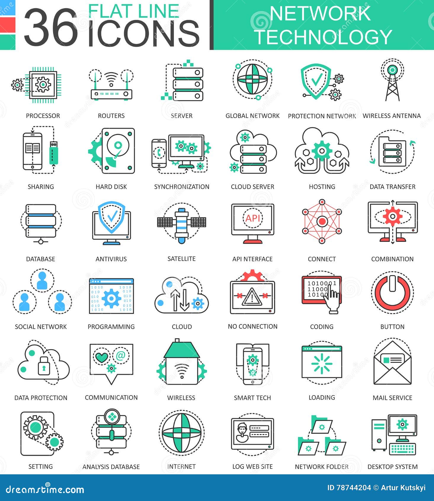 Vector Network Technology Modern Color Flat Line Outline Icons for Apps ...