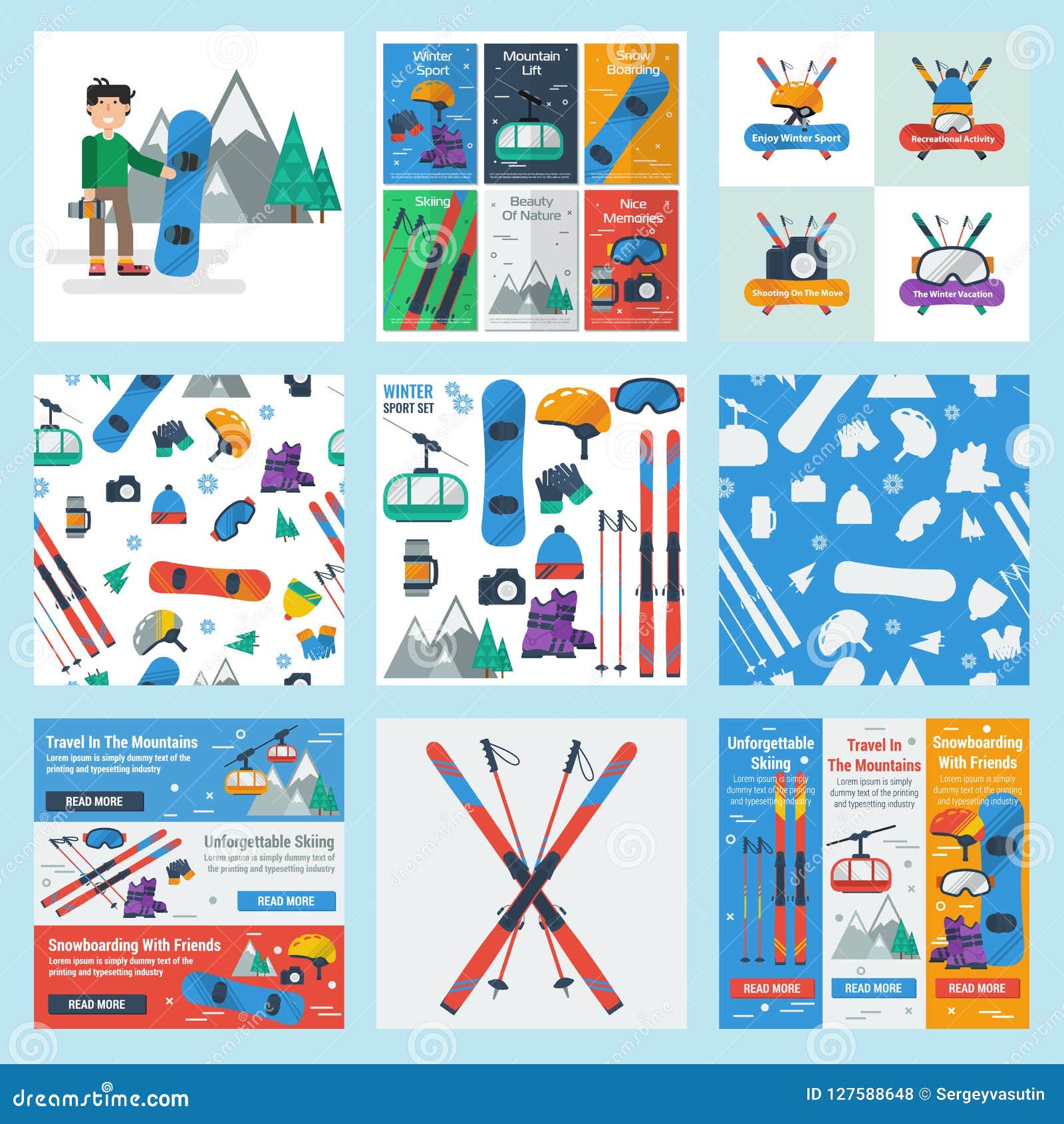 Nine Square Banners of Winter and Sport Activity Stock Vector ...