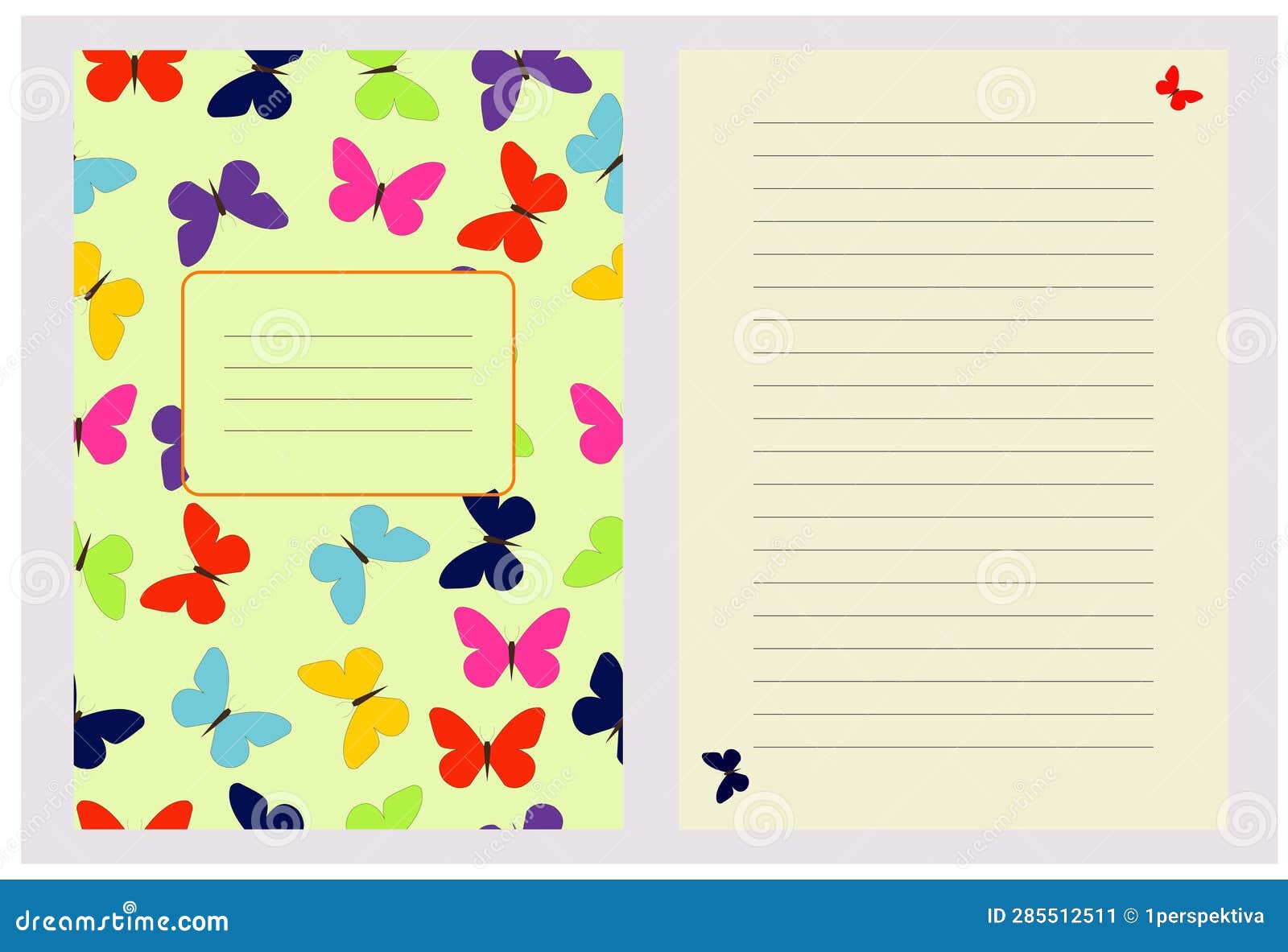 Vector Notebook and Lined Page Layout with Colorful Butterflies. Stock ...