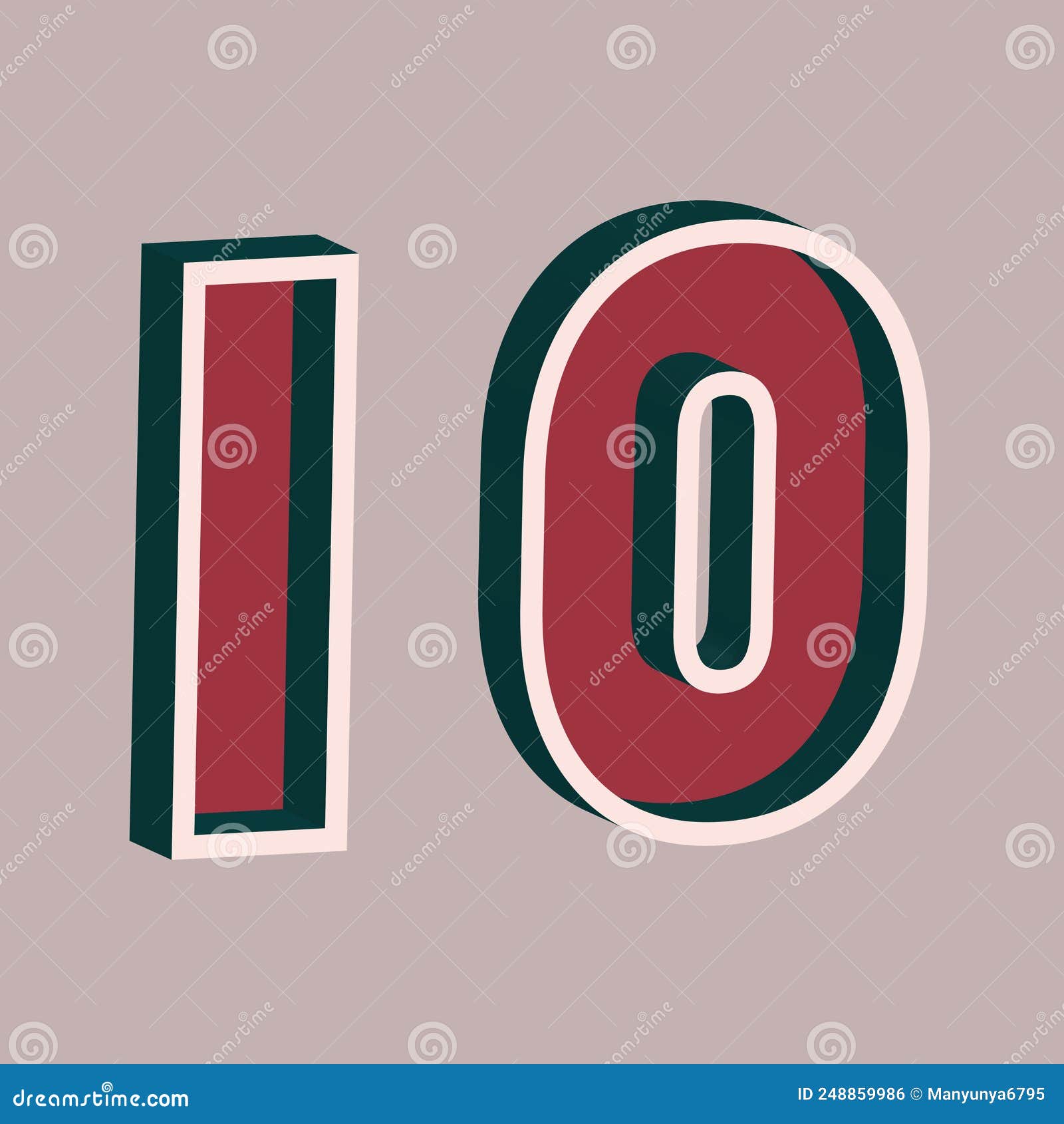 Vector Number 10 with 3D Effect in Retro Style. Well Red and Deep Teal ...