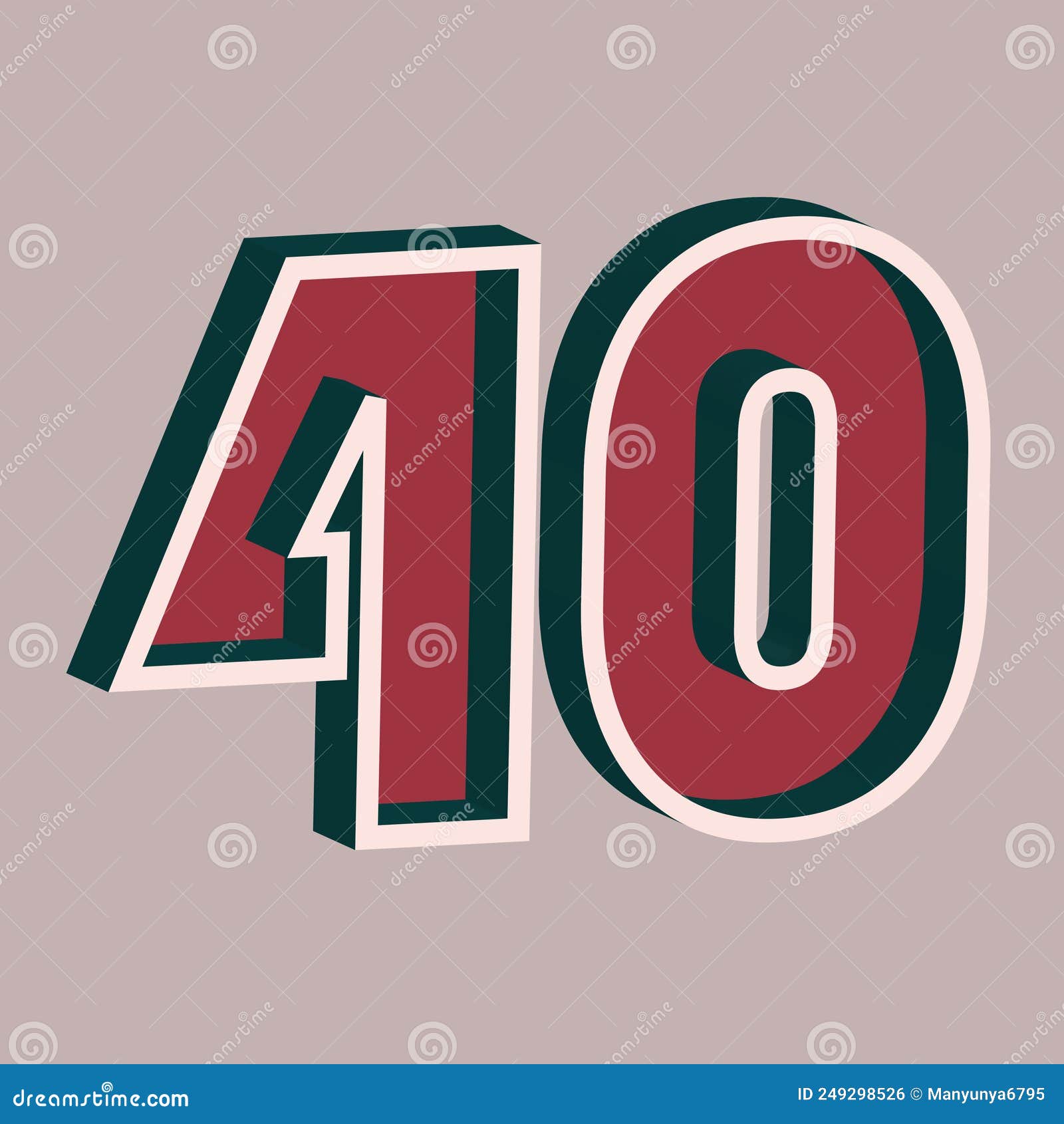 Vector Number 40 with 3D Effect in Retro Style. Well Red and Deep Teal ...