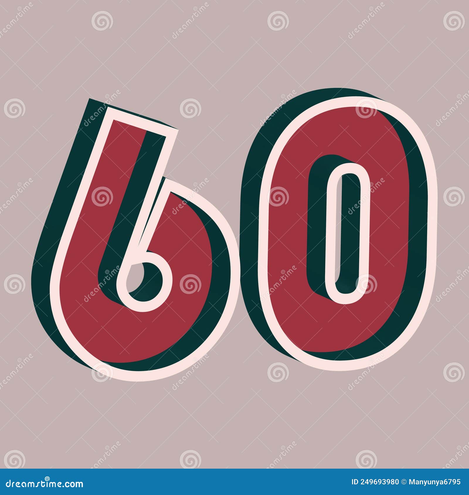 Vector Number 60 with 3D Effect in Retro Style. Well Red and Deep Teal ...
