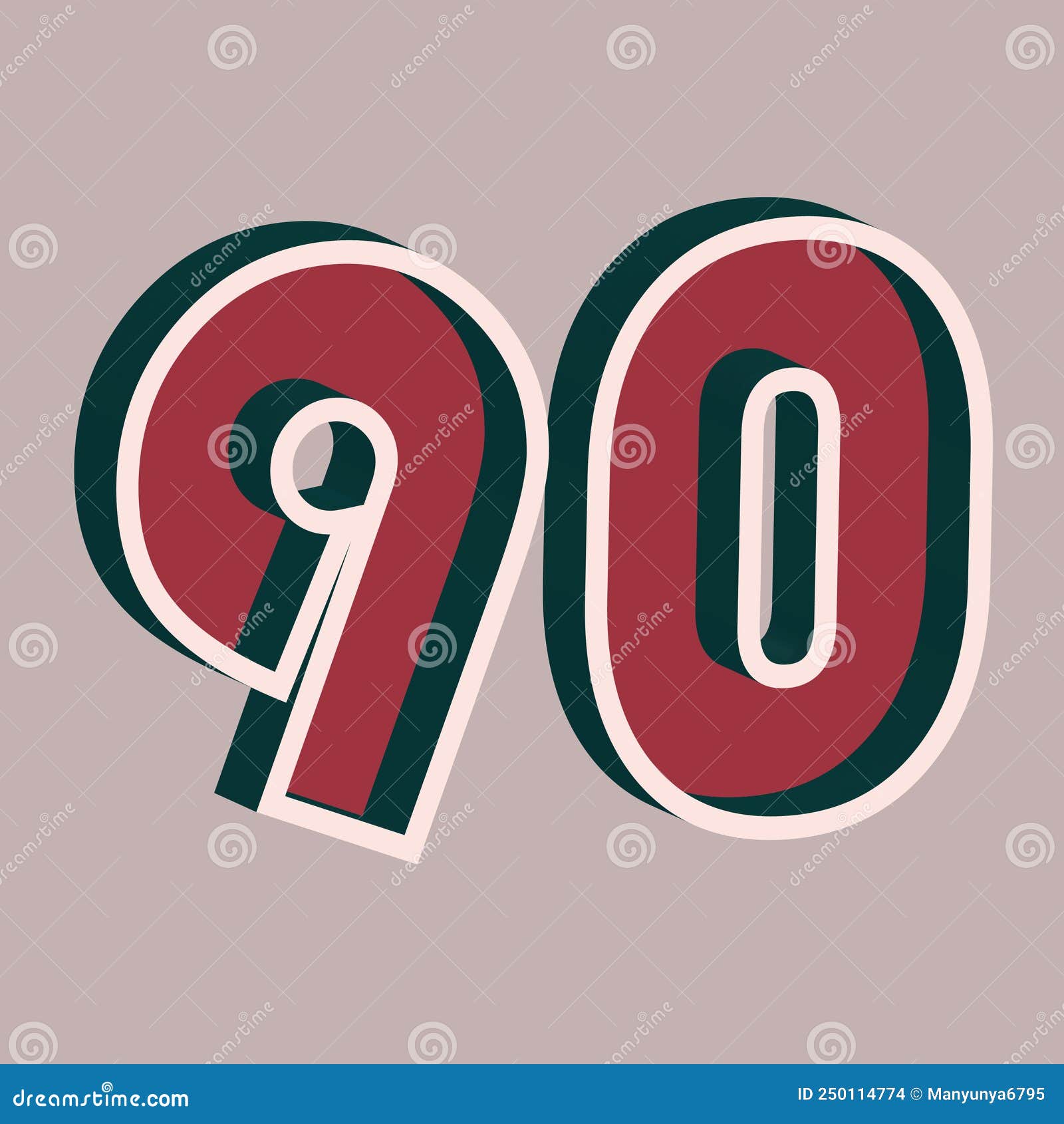 Vector Number 90 with 3D Effect in Retro Style. Well Red and Deep Teal ...