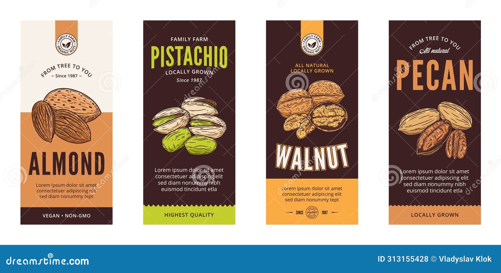 Vector Nuts Labels in Modern Style Stock Vector - Illustration of food ...