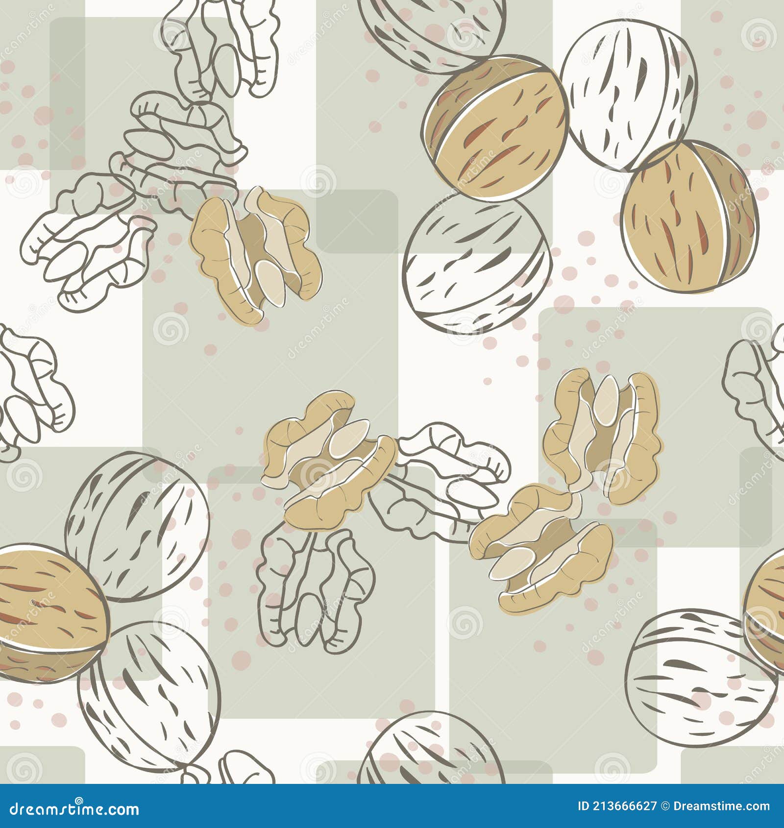 Vector Nuts Walnuts in Brown Tan on Green Squares Background Seamless ...
