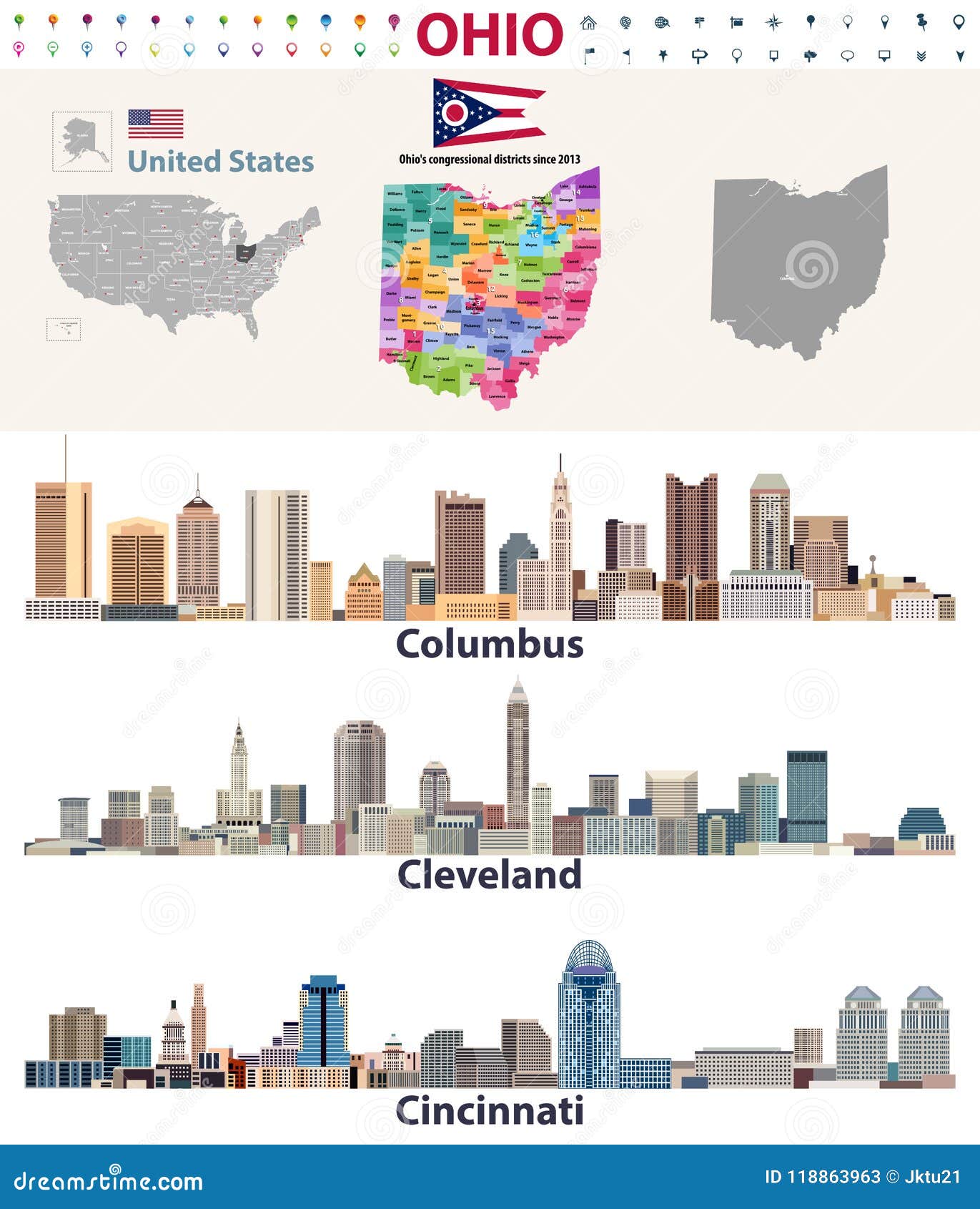 Vector O Mapa E Cidades Principais Do Estado De Ohio Ilustração do ...
