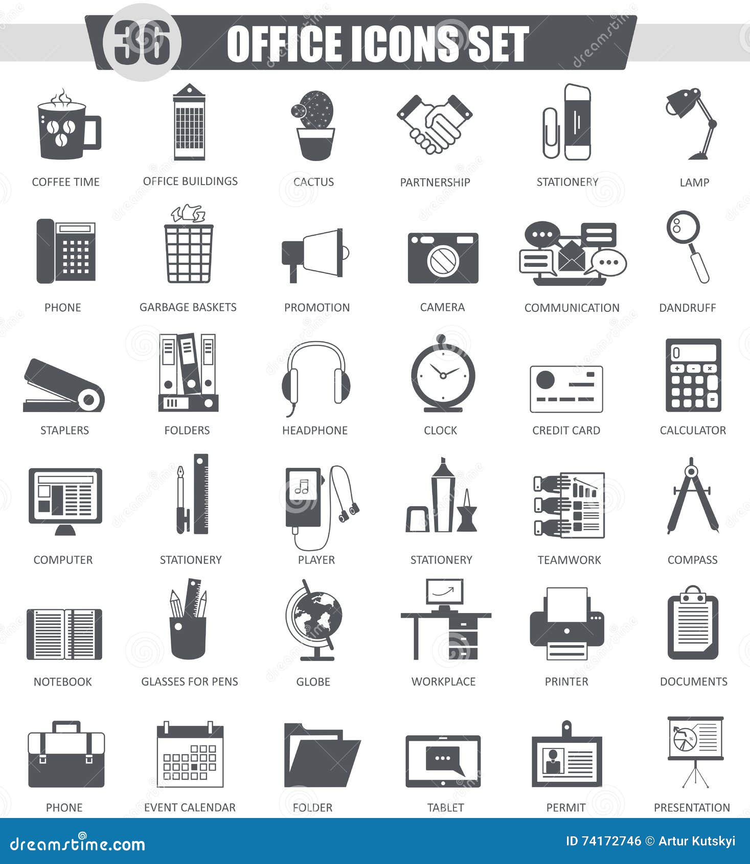 Vector Office Black Icon Set. Dark Grey Classic Icon Design for Web ...