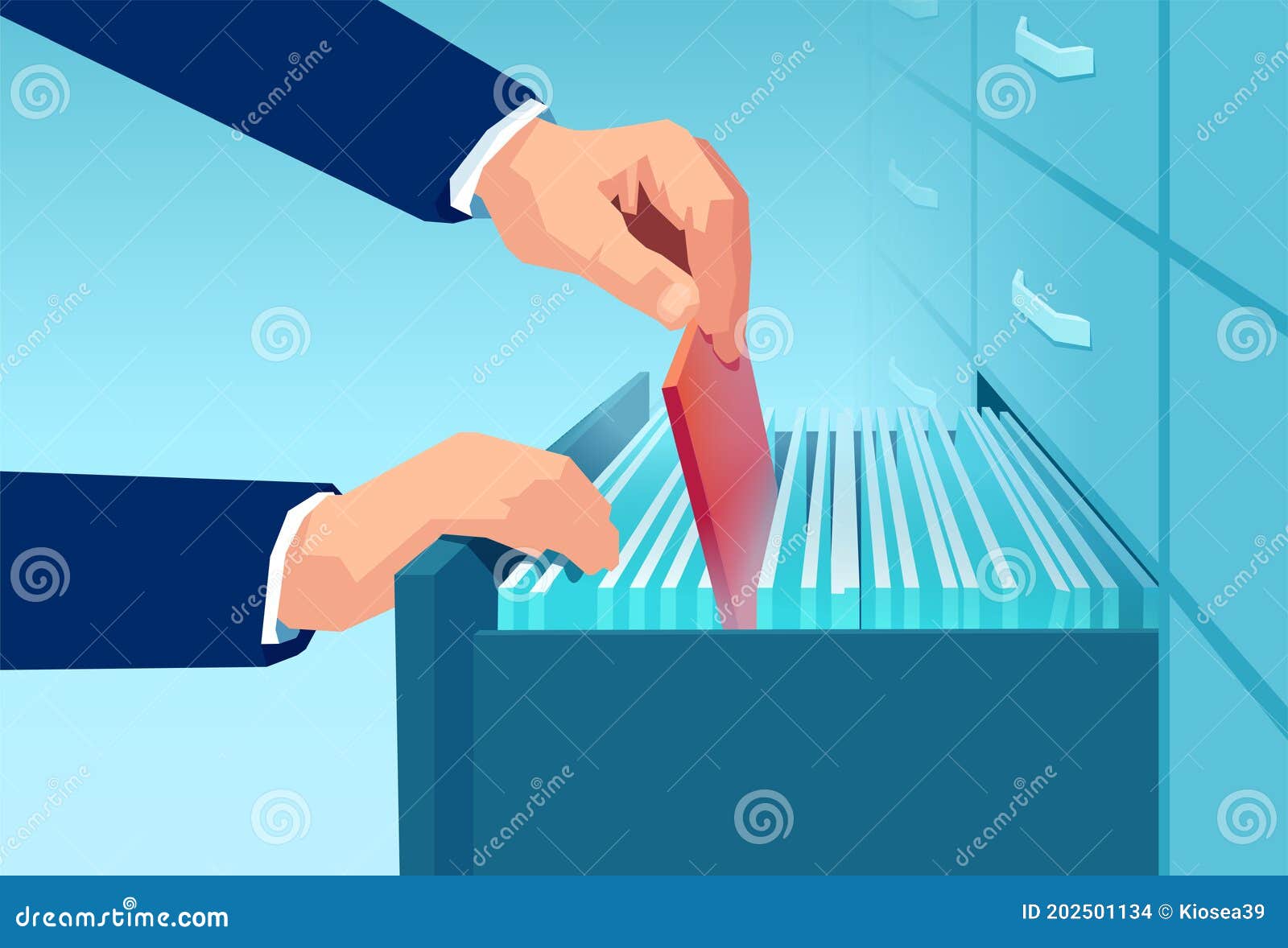 Set Of Office Clerk Characters Searching For Files Into Filing Cabinet ...