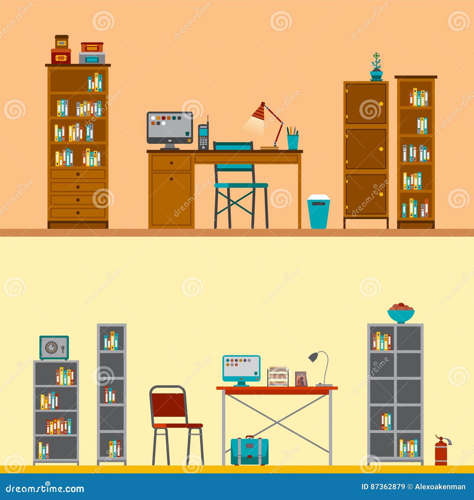 Vector Office Workplace Scene Templates Set in Flat Style Stock Vector ...