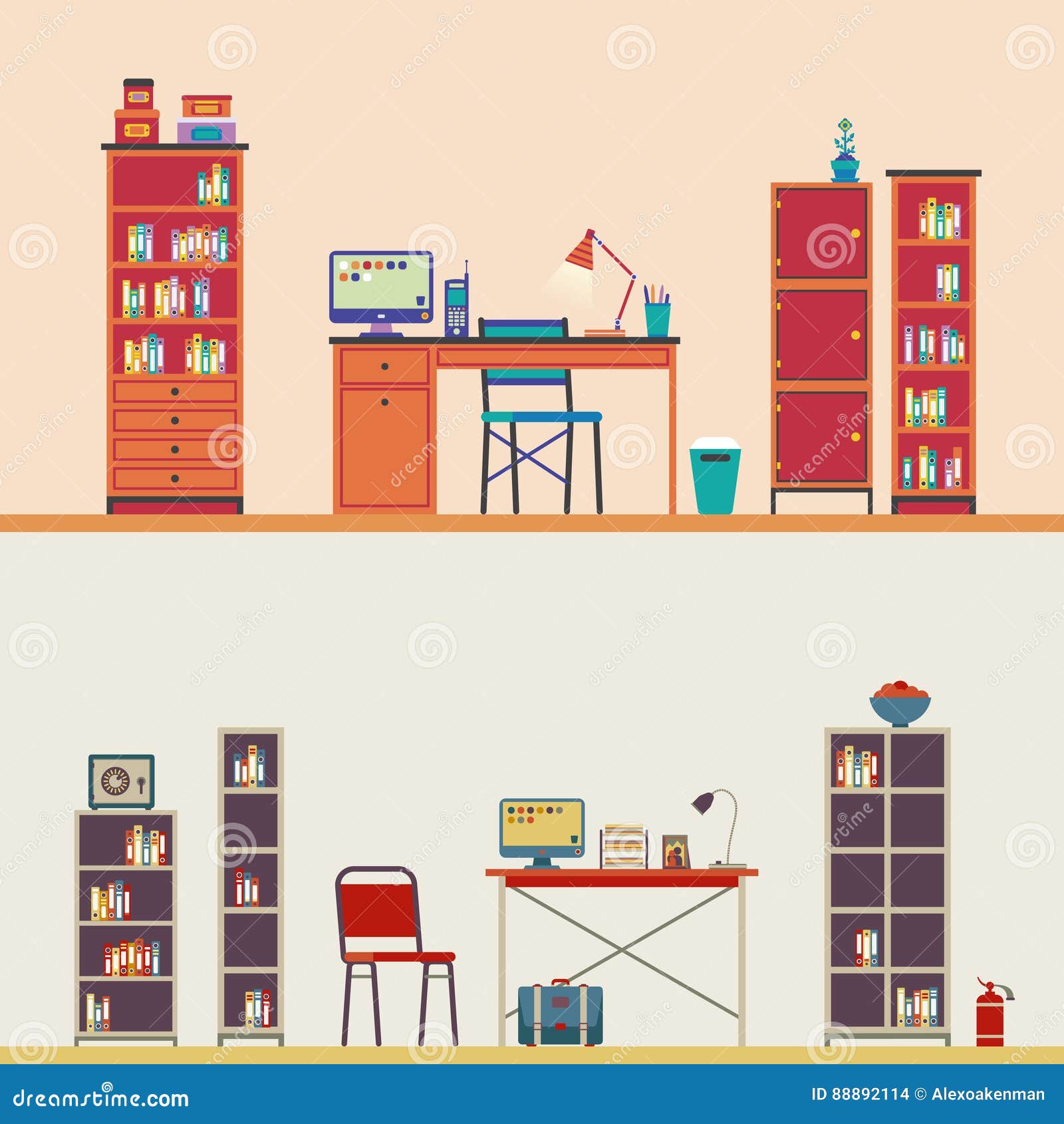 Vector Office Workplace Scene Templates Set in Flat Style Stock Vector ...