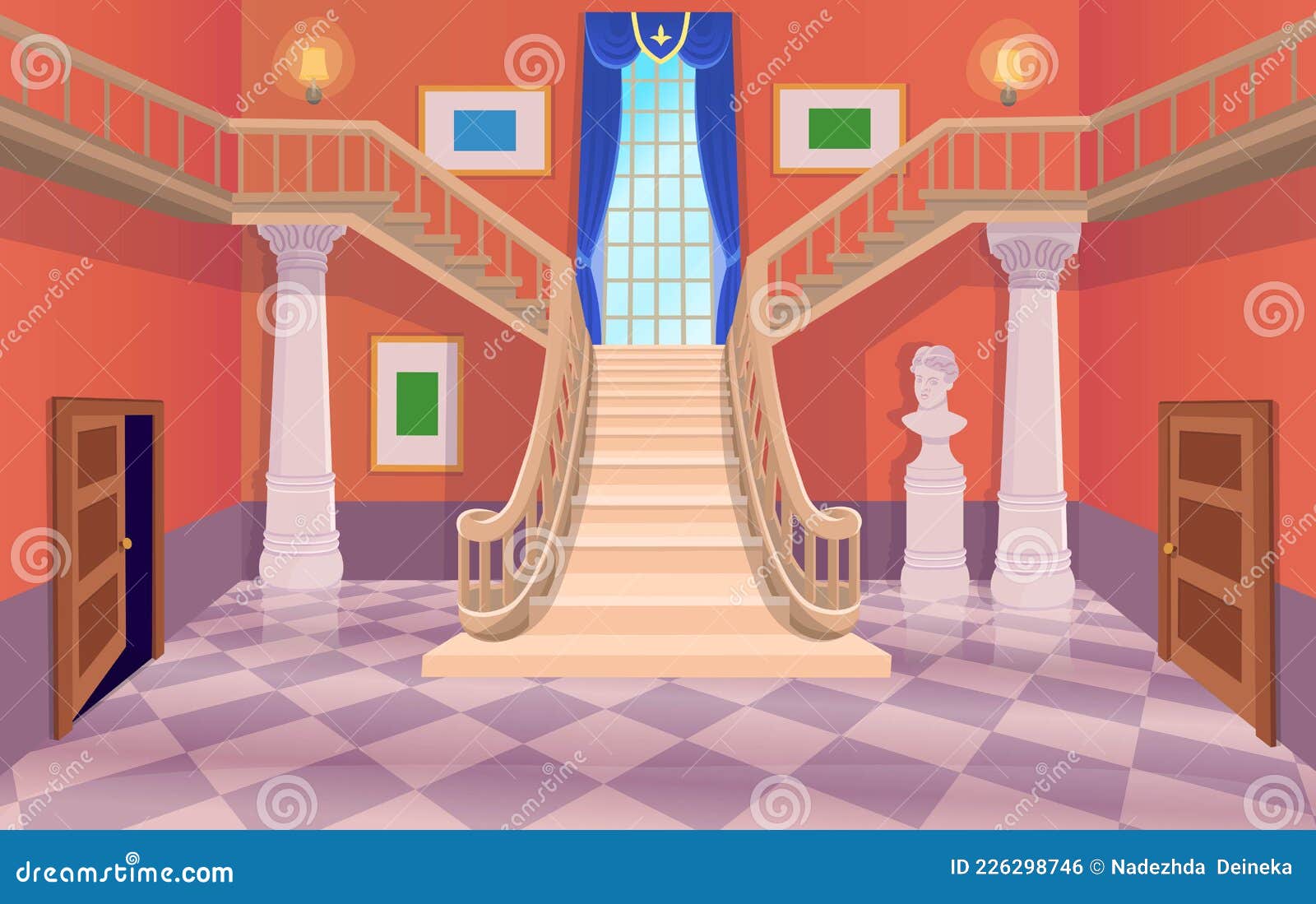 Vector Old Hall Room with Stairs, Doors and a Window. Cartoon ...