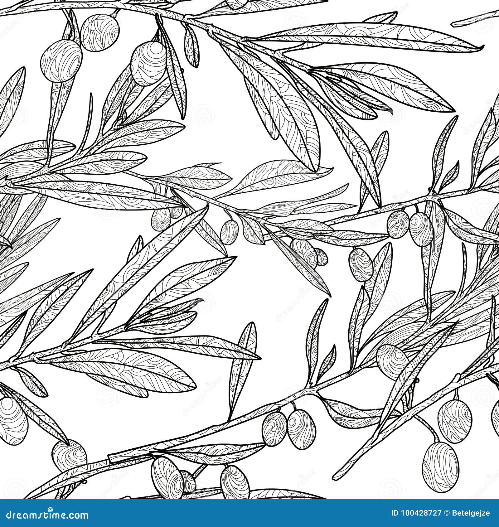 Vector Olive Branch Seamless Pattern. Black and White Background with ... Vector Olive Branch Seamless Pattern. Black and White Background with ...