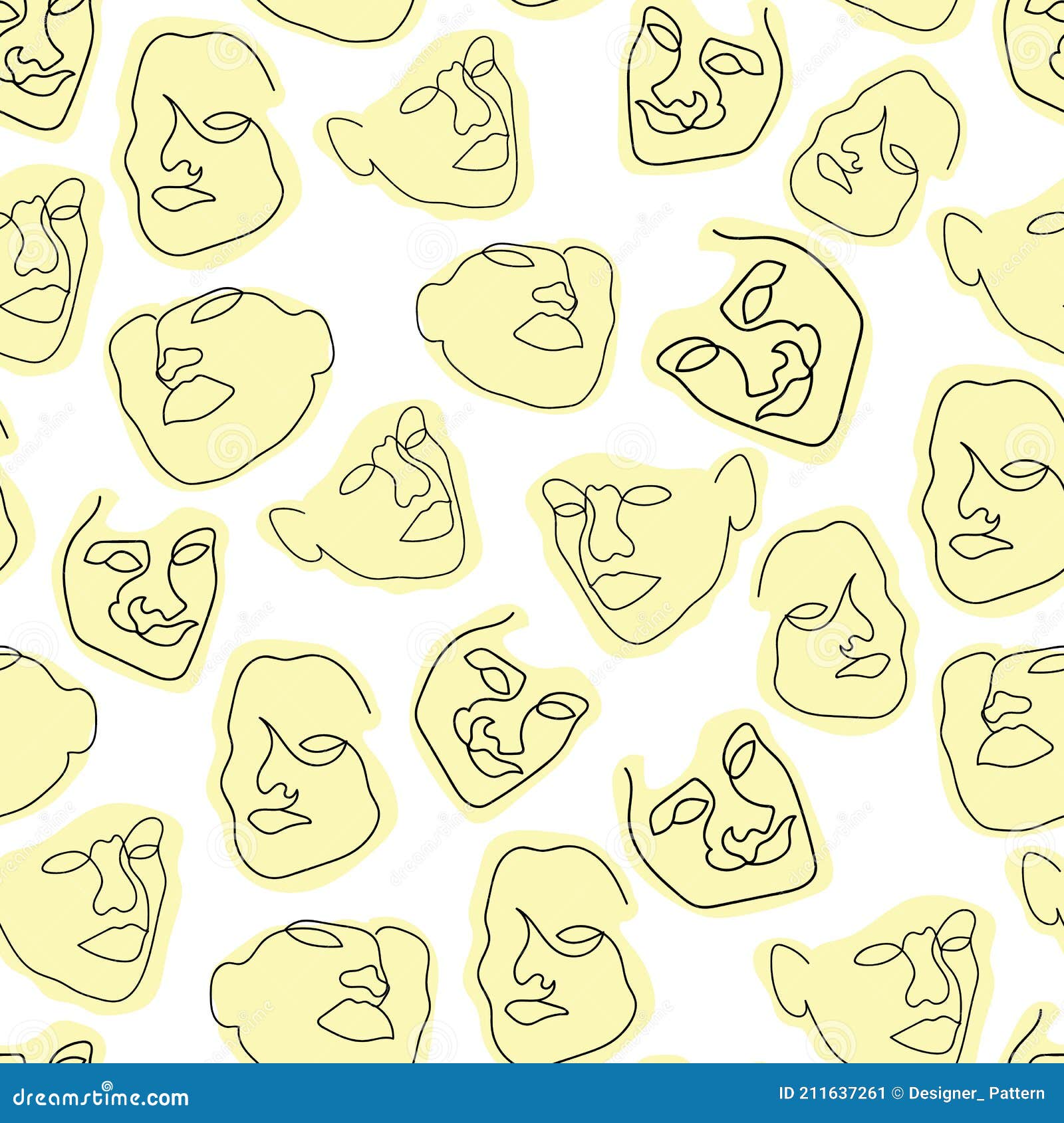 Vector One Line Drawing Abstract Face Seamless Pattern Background Stock ...