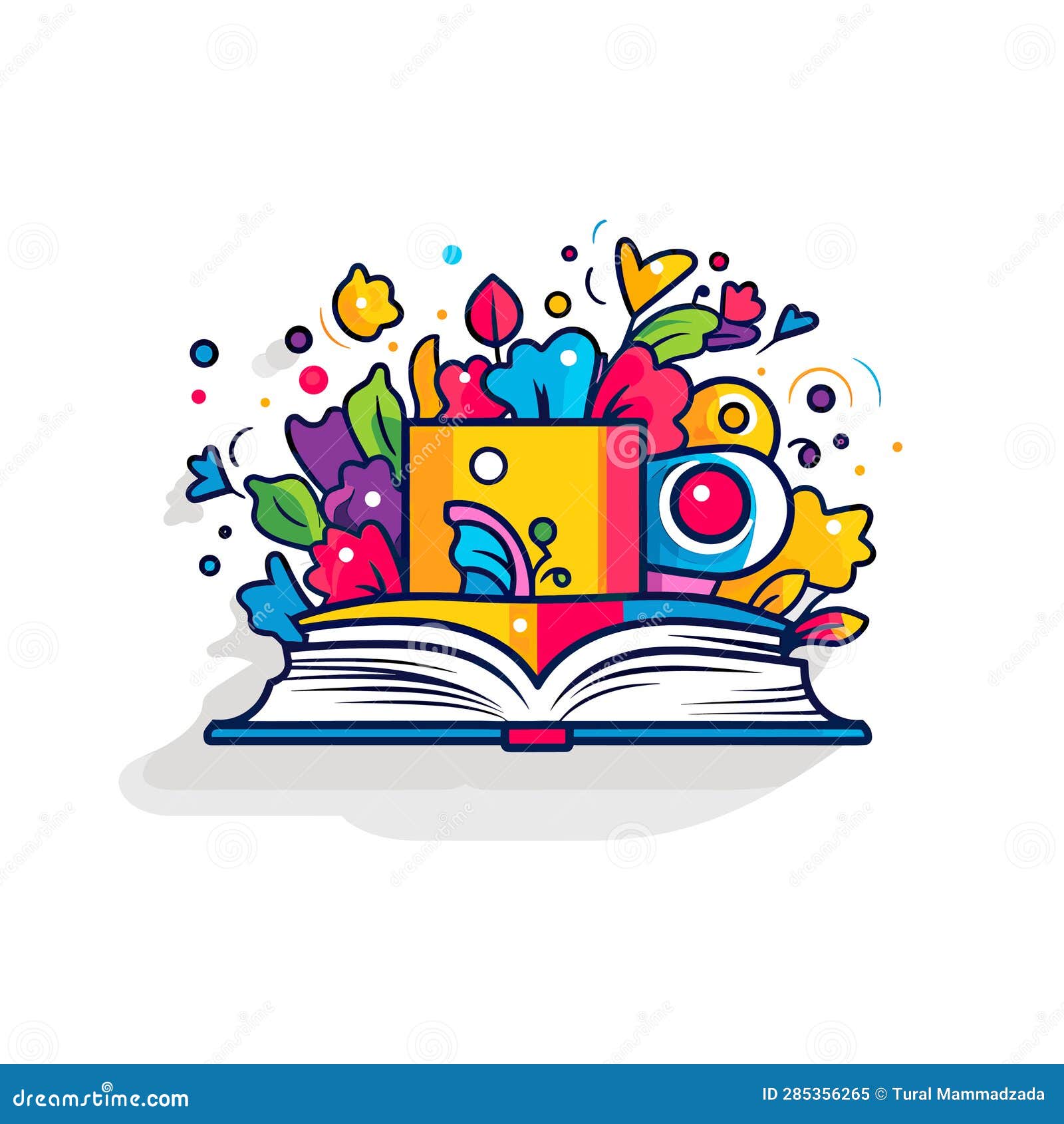 Vector of an Open Book with Colorful Objects Bursting Out in a Vibrant ...
