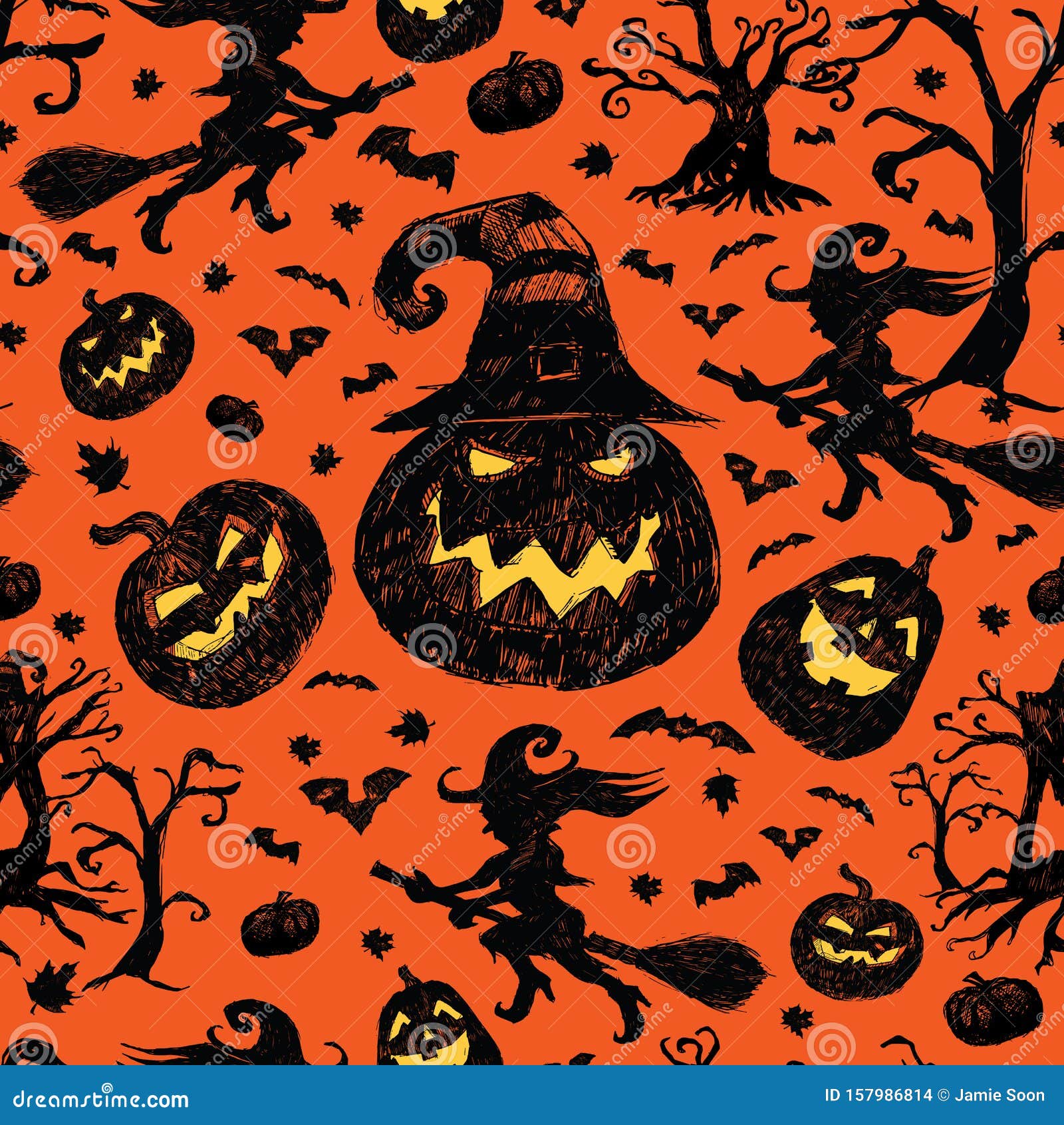 Vector Orange and Black Hand Drawn Halloween Repeat Pattern. Suitable ...