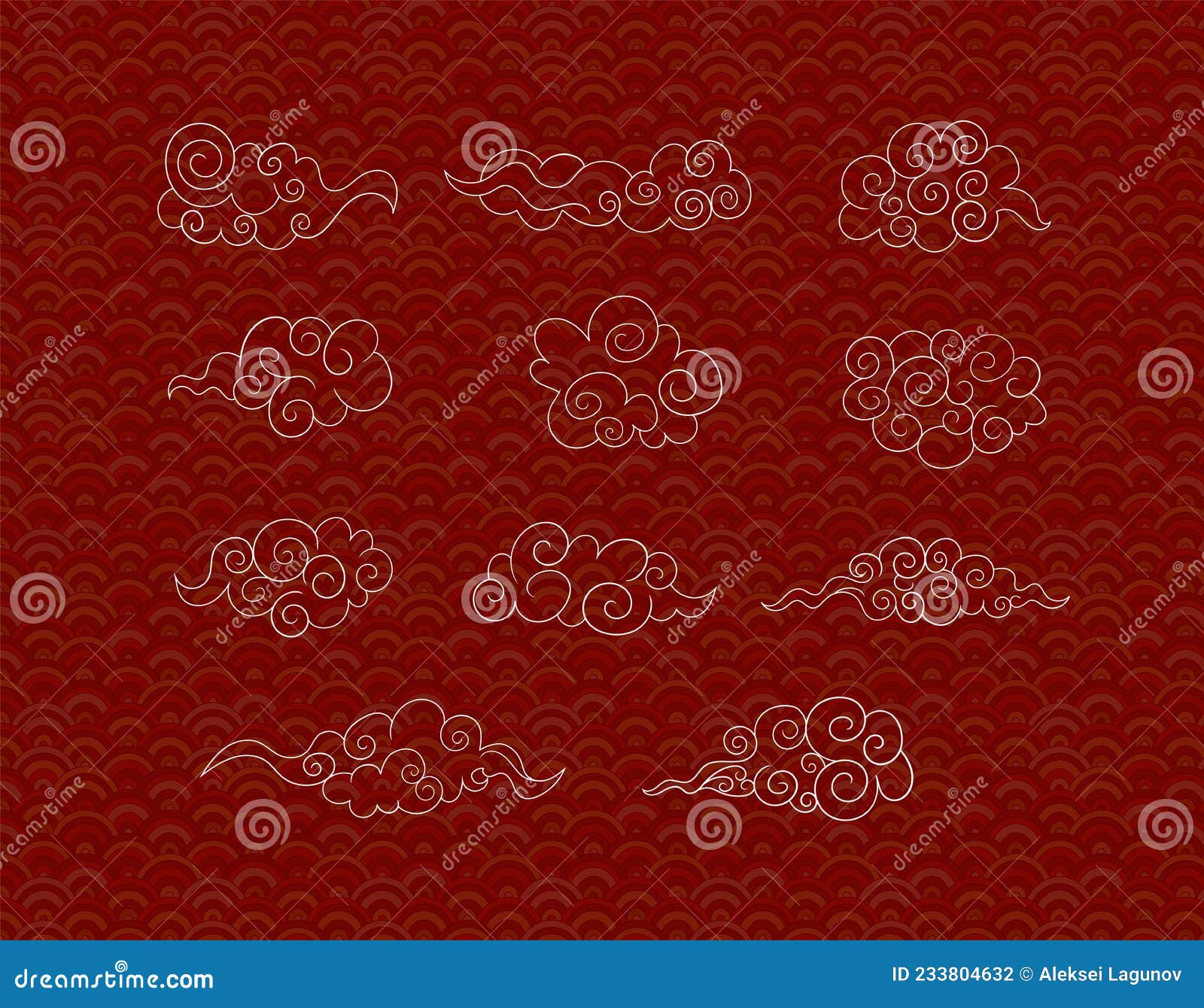 Vector Oriental Clouds on Red Pattern Background, Design Elements Set ...