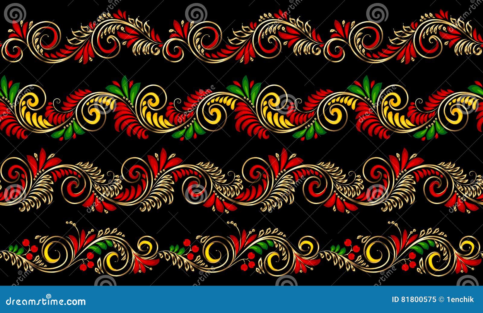 Vector Ornate Seamless Borders Set in Russian Hohloma Style Stock ...