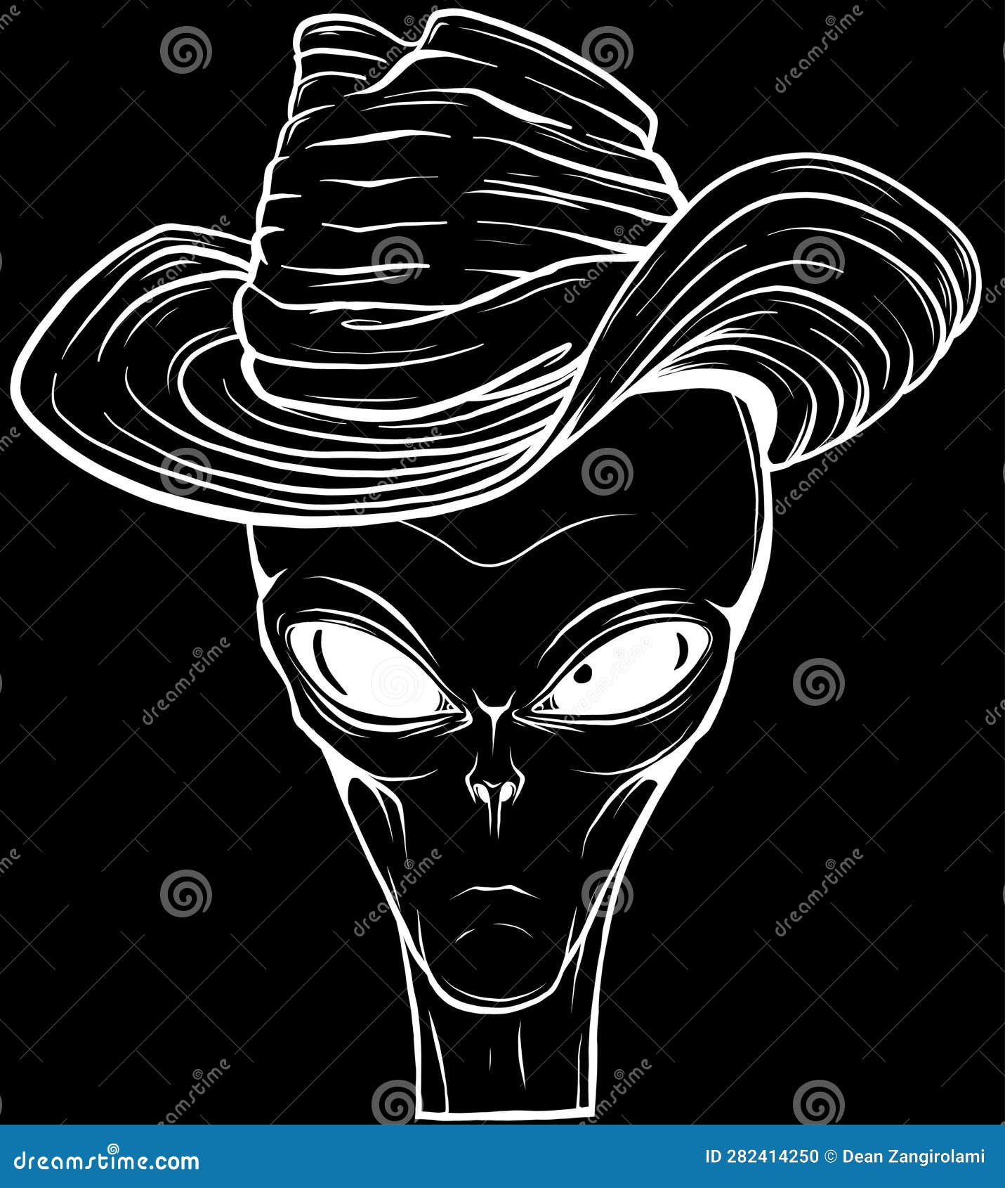 Vector Outline Alien Head in White Line on Black Background Stock ...