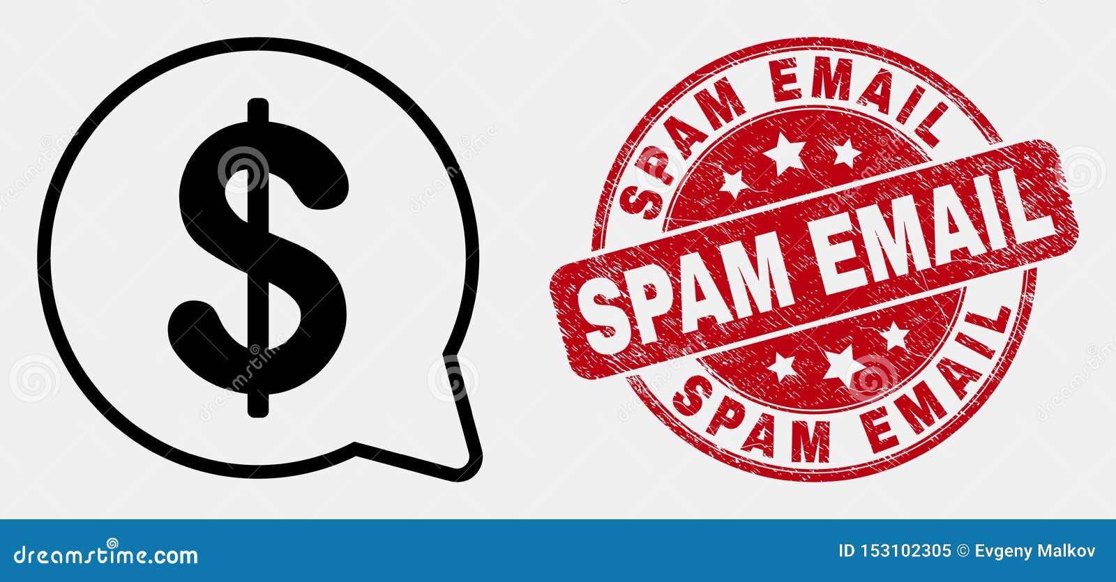 Vector Linear Dollar Message Balloon Icon And Grunge Spam Email Stamp