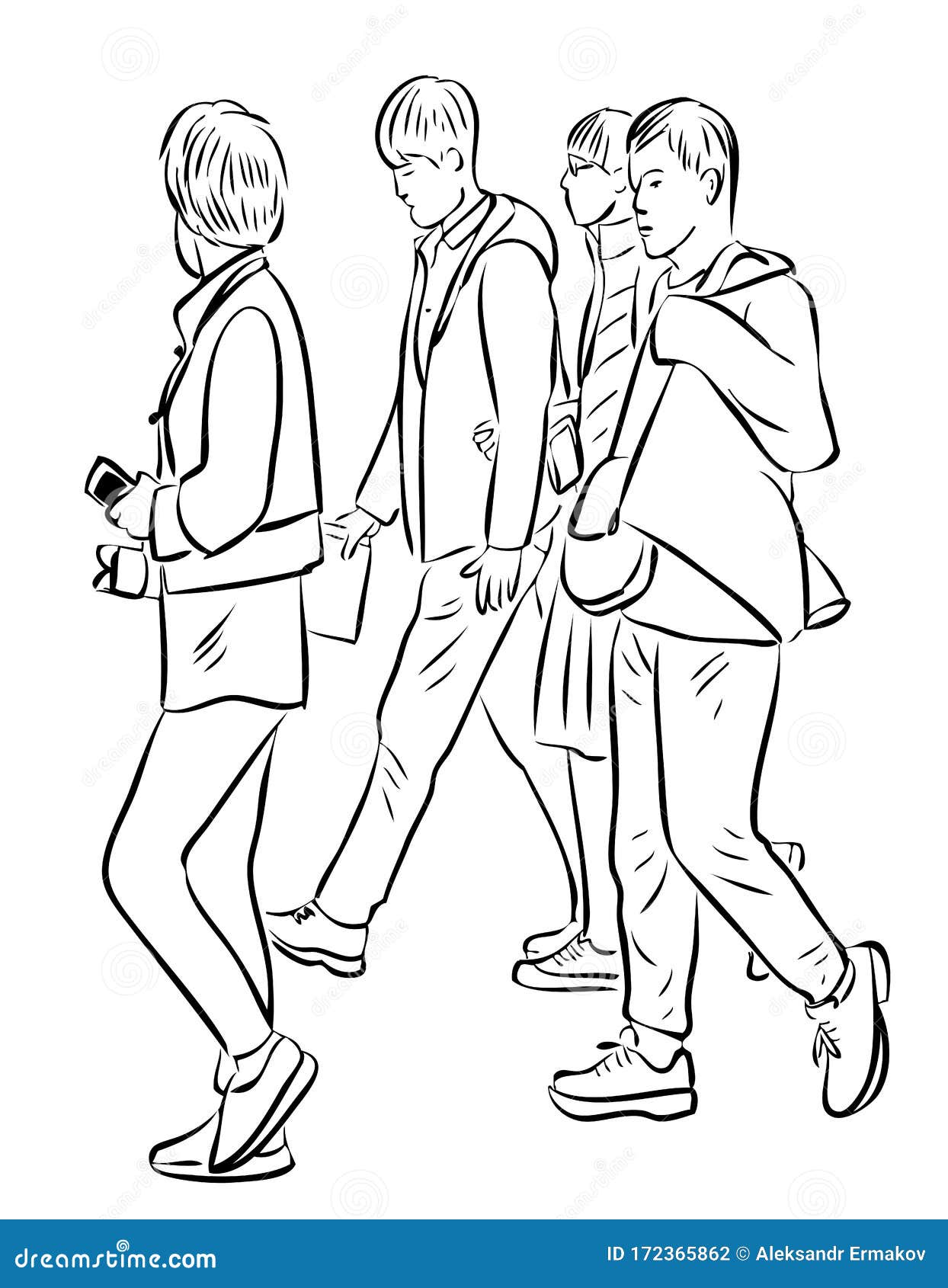 Vector Outline Drawing of Group Tourists Students Going on a Stroll ...