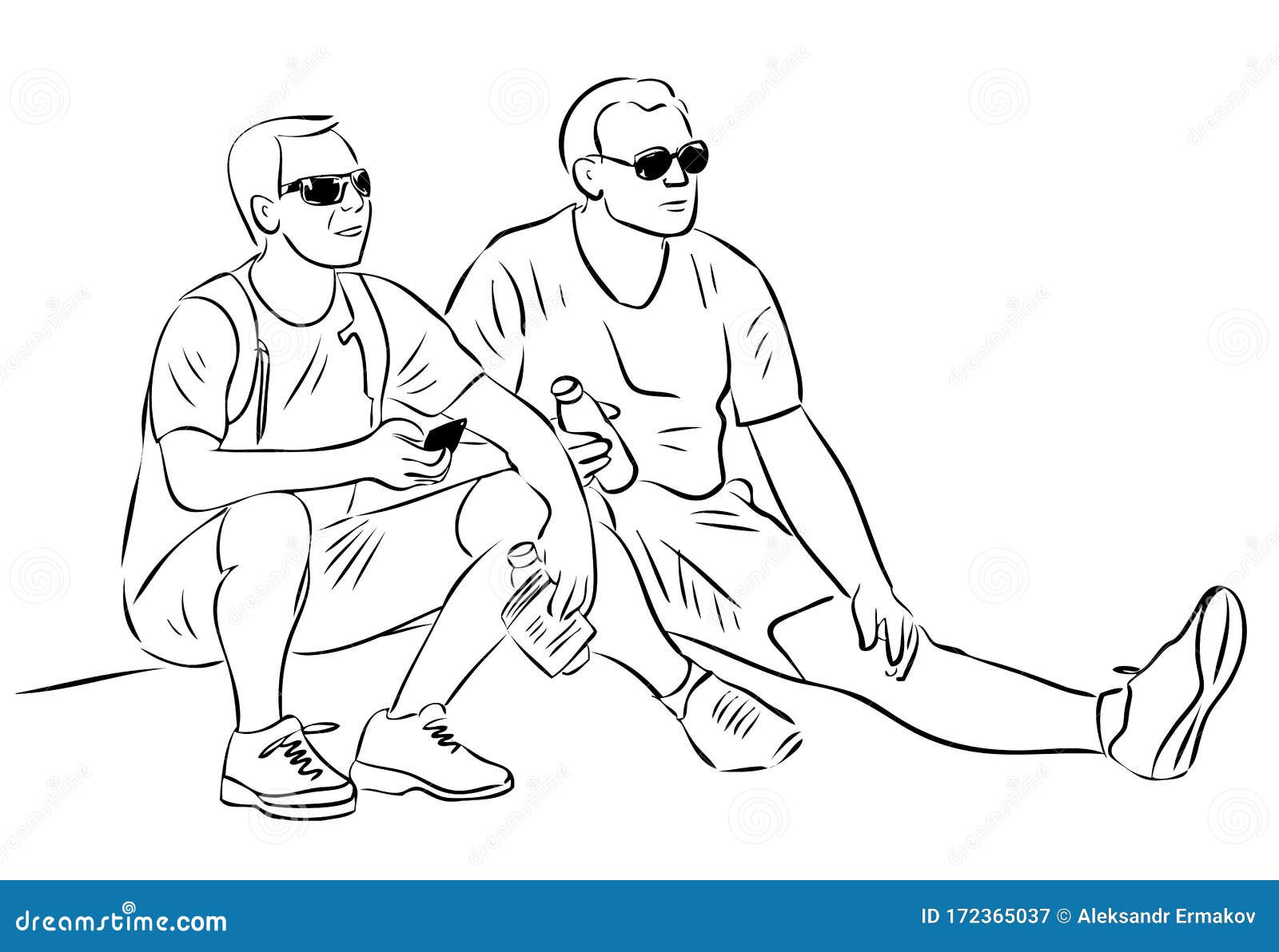 Vector Outline Drawing Two Friends Tourists Resting during a Stroll ...