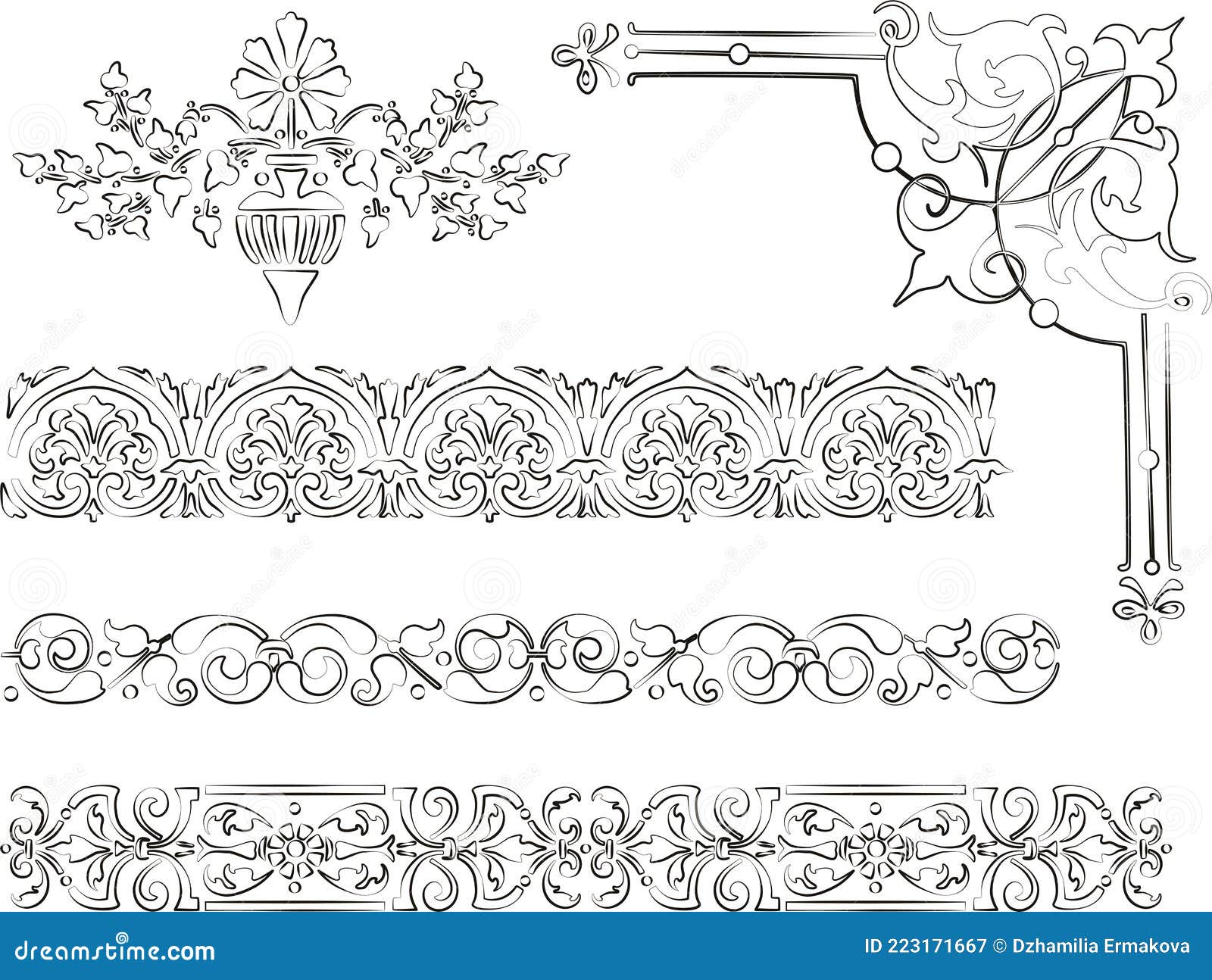 Vector Outline Drawings of Various Vintage Borders and Design Elements ...