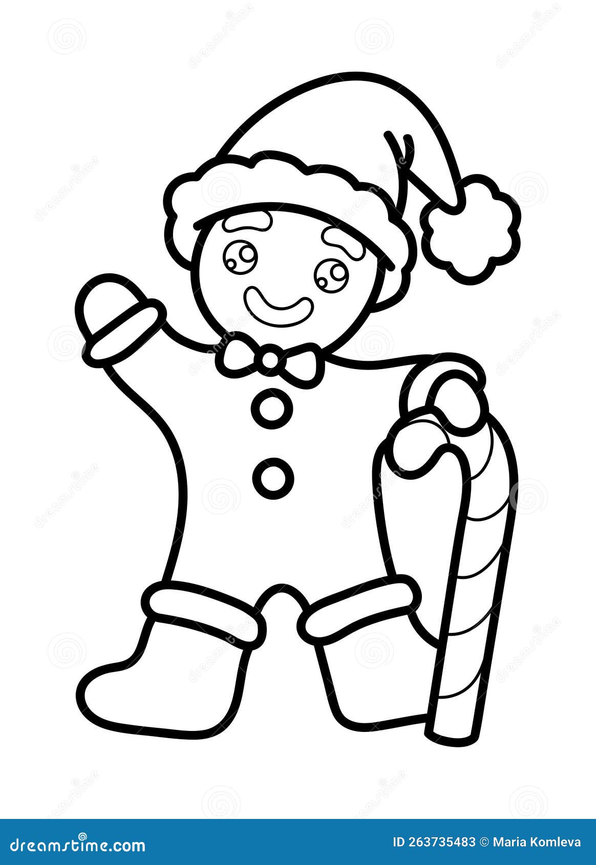 Vector Outline Illustration Of Gingerbread Man In Santa`s Hat With