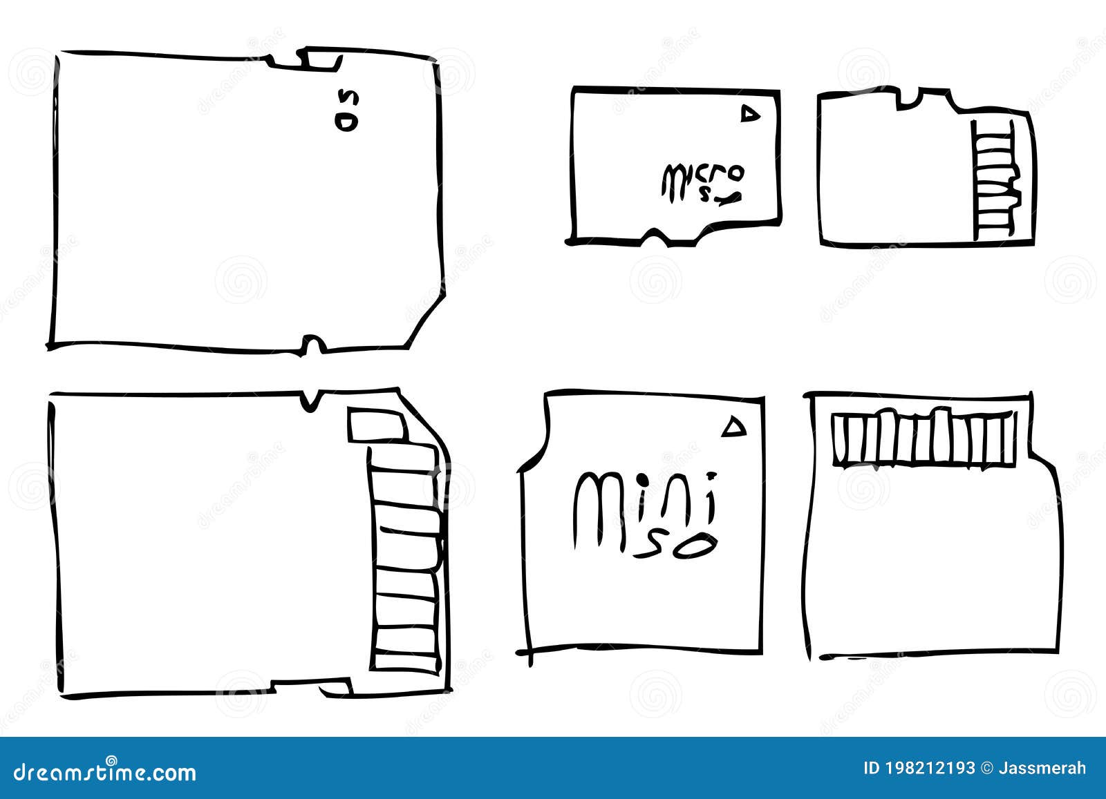 Vector Outline Manual Hand Draw Memory Card, View from Back and Memory ...