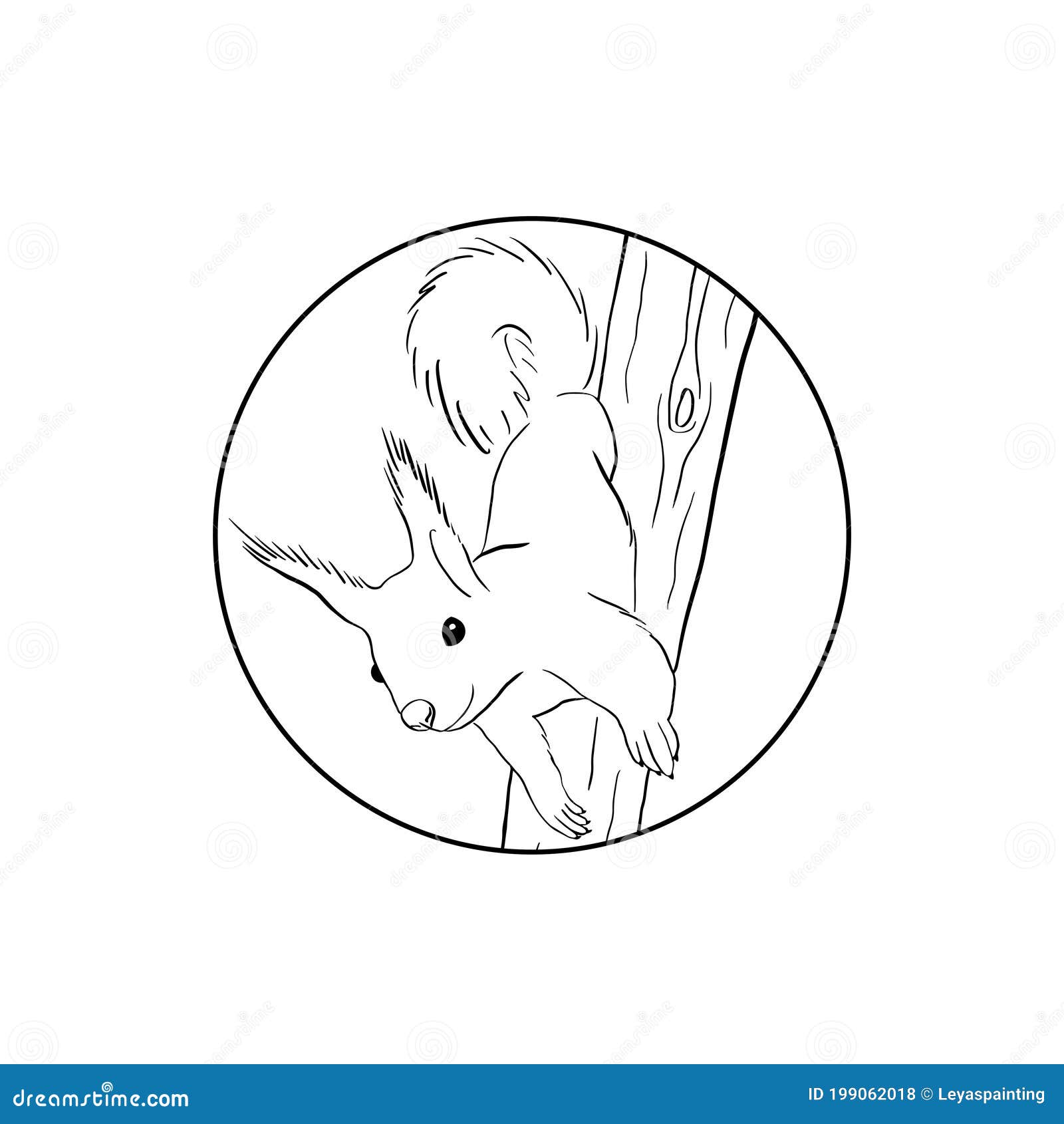 Vector Outline Squirrel on a Tree Trunk in the Circle Frame. Hand Drawn ...