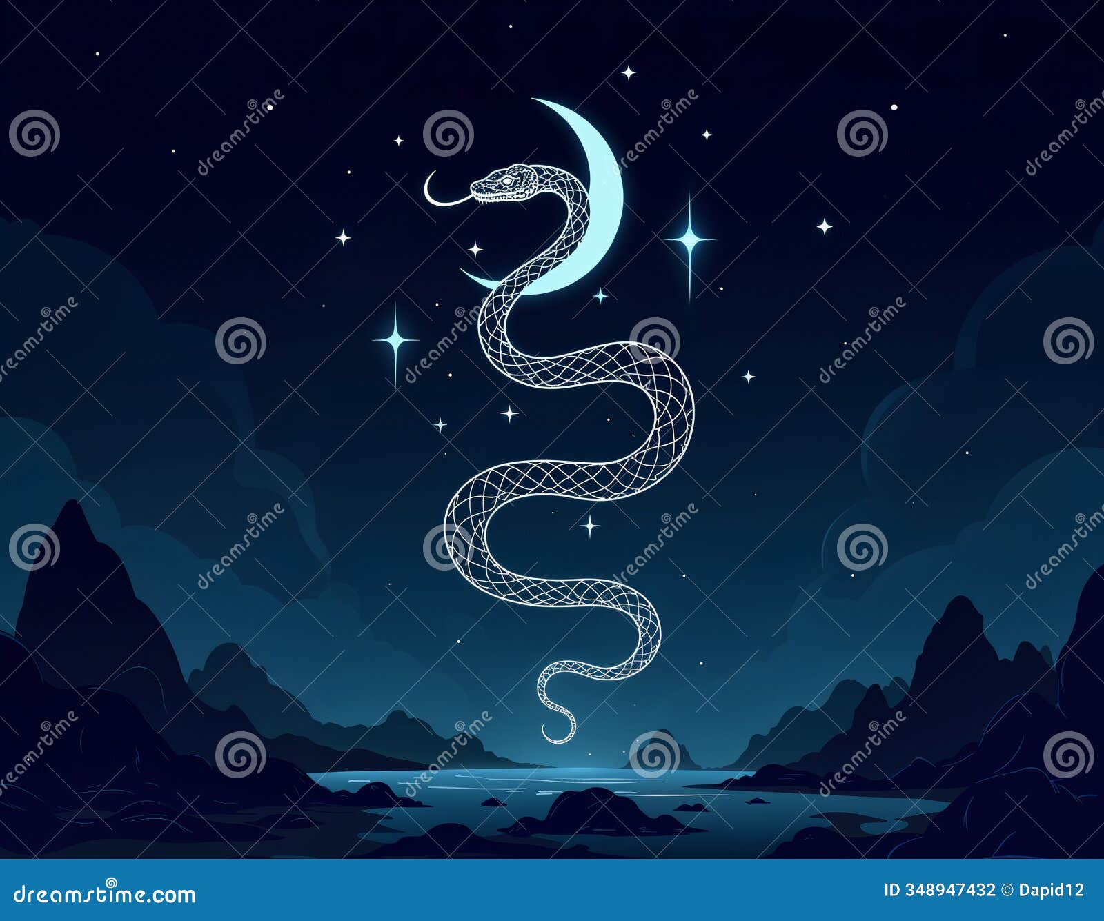 Vector of an Outlined Snake on a Night Sky with Crescent Moon and Stars ...