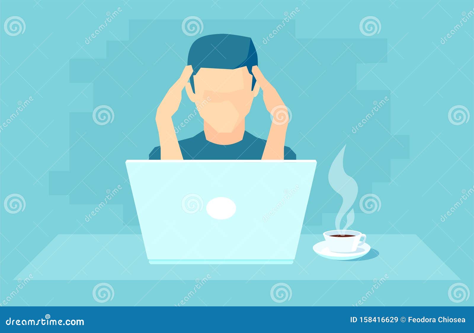 Vector of an Overworked Man Working on Laptop Feeling Under Stress ...