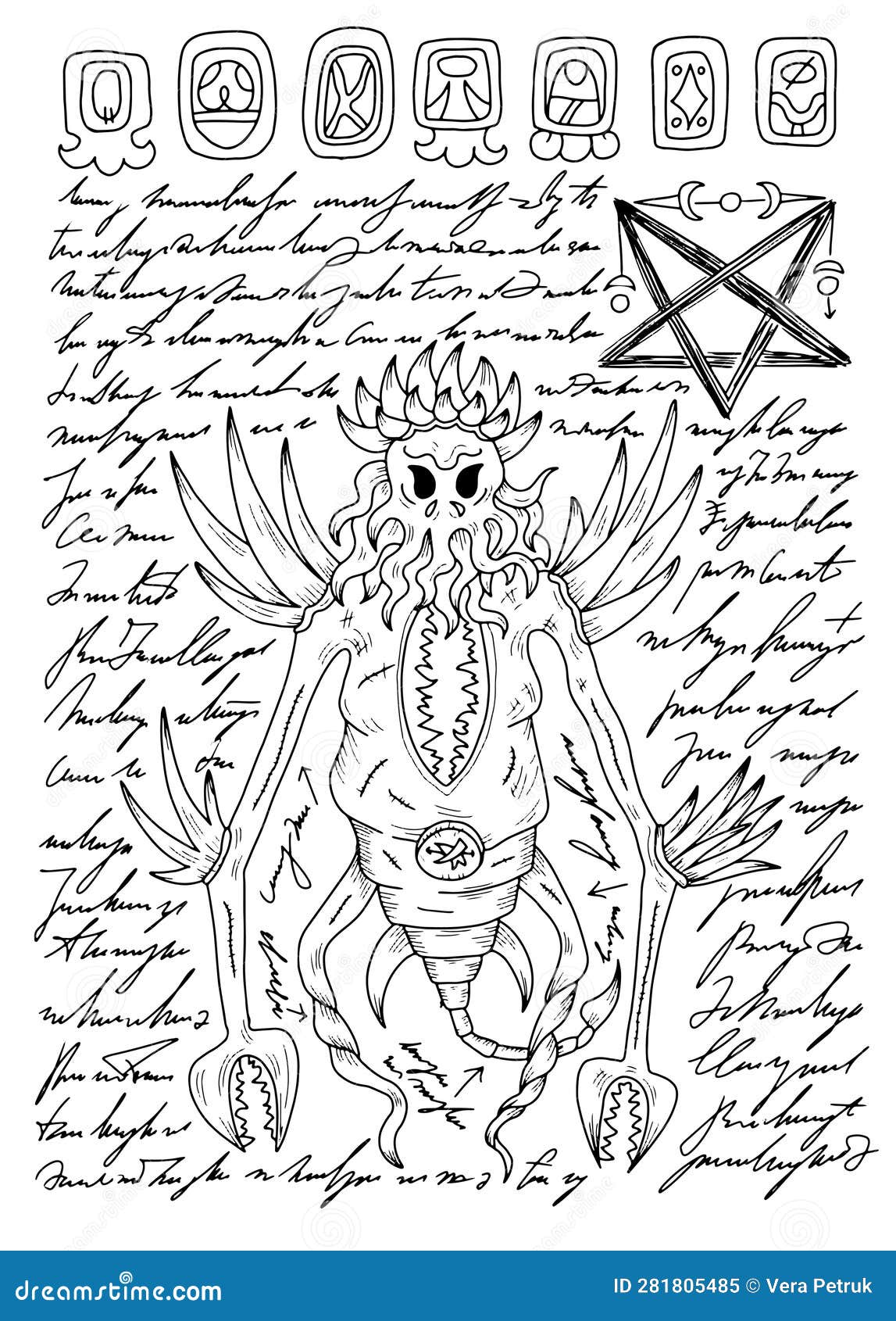 Vector Page with Magic Spells, Demon and Drawings from Witch Book on ...