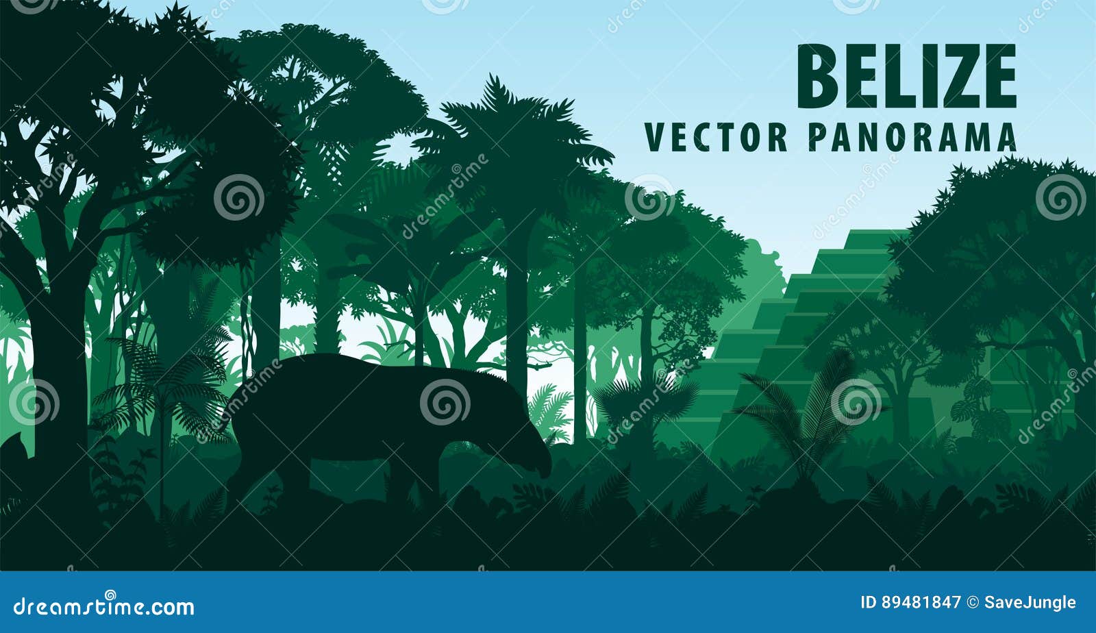 Vector Panorama of Belize with Jungle Raimforest, Tapir and Ancient ...