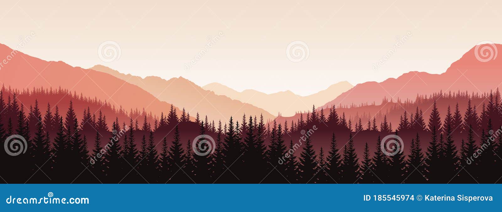 Vector Panoramic Landscape With Red Silhouettes Of Trees And Hills ...