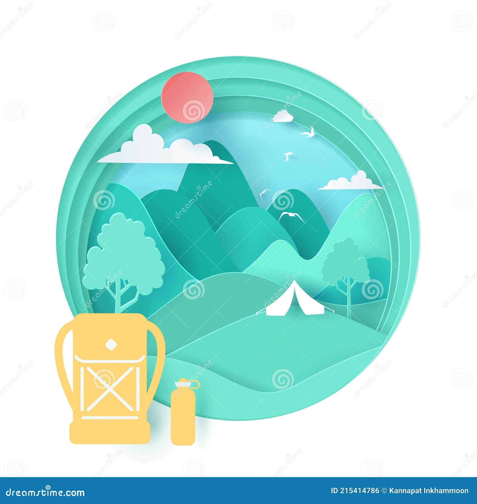 Vector Paper Art and Landscape, Digital Craft Style for Summer Camping ...