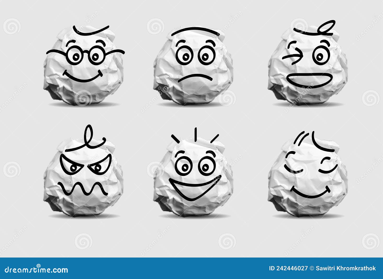 Vector Paper Ball Crumpled Sheet with Drawing Cartoon Faces Comic Stock ...