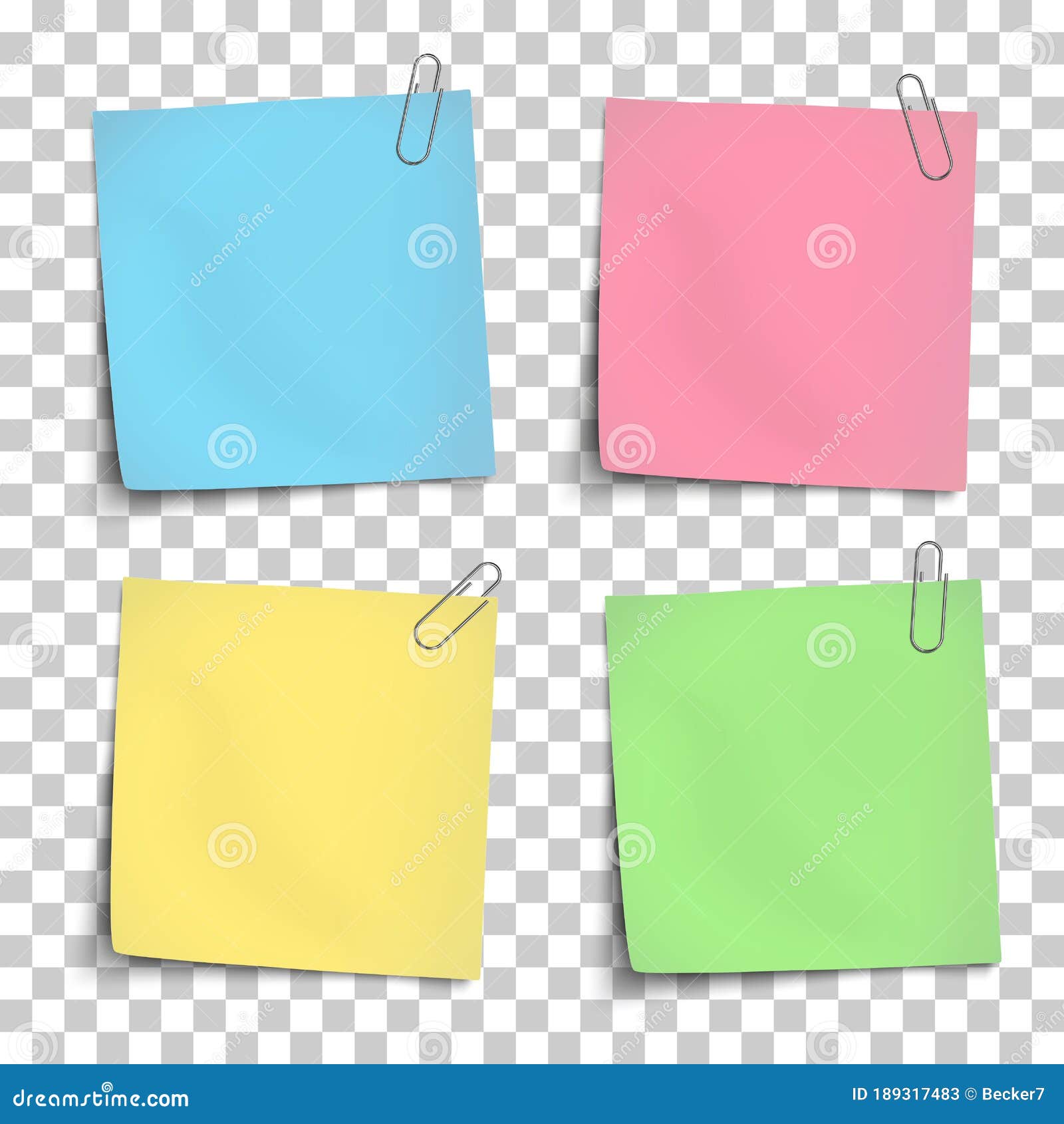 Vector Paper Mockup of Color Notes Attached by Metallic Paper Clips ...