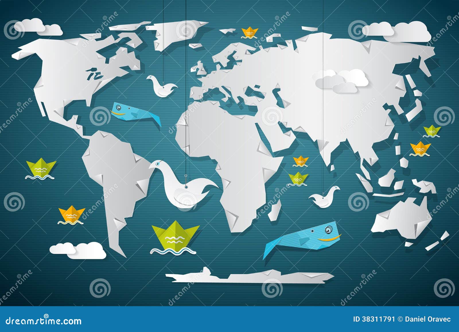 Vector Paper World Map with Fish Stock Vector - Illustration of ...