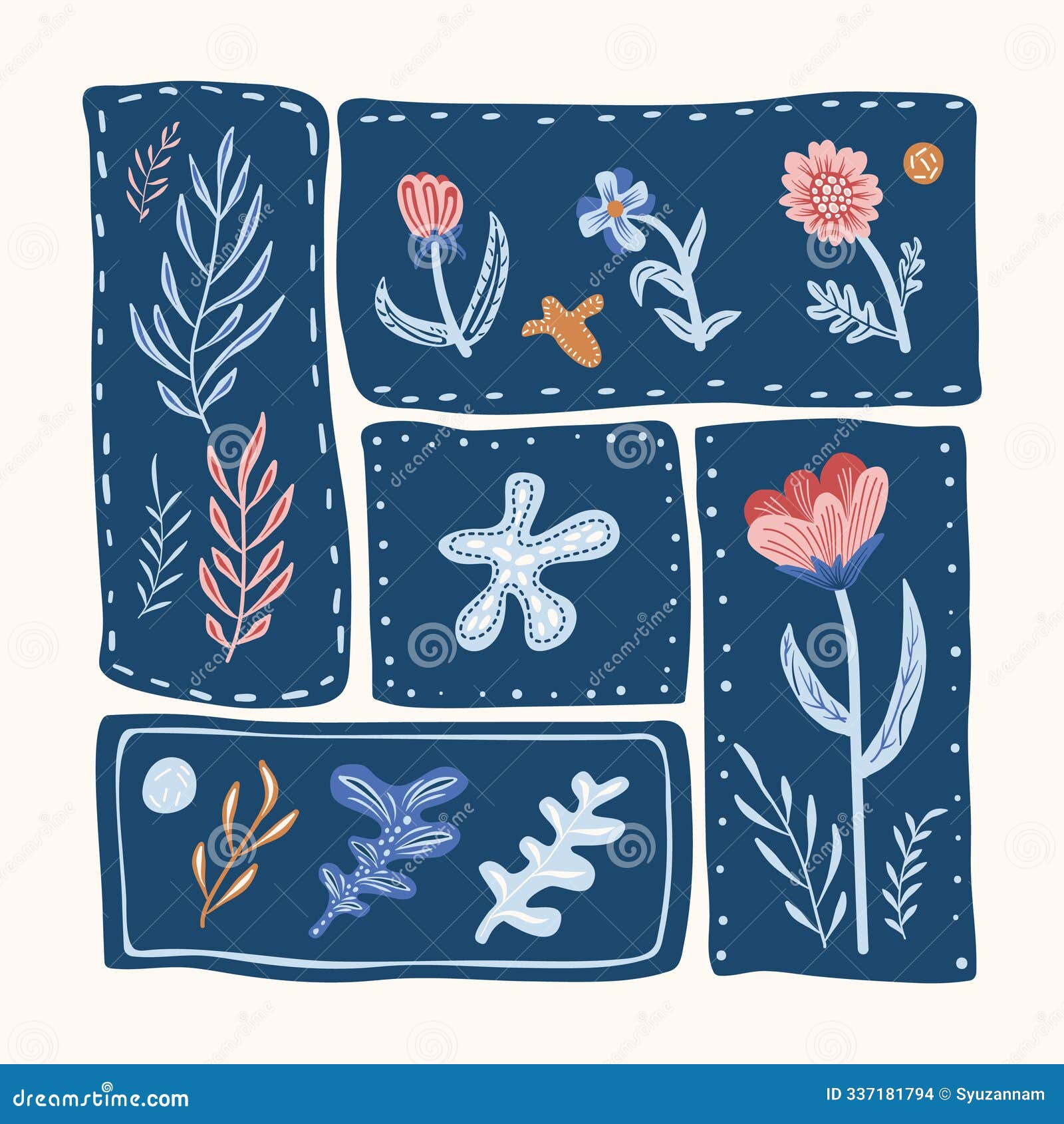 Vector Patchwork-style Illustration Featuring Various Hand-drawn Flowers and Leaves on a Blue ...