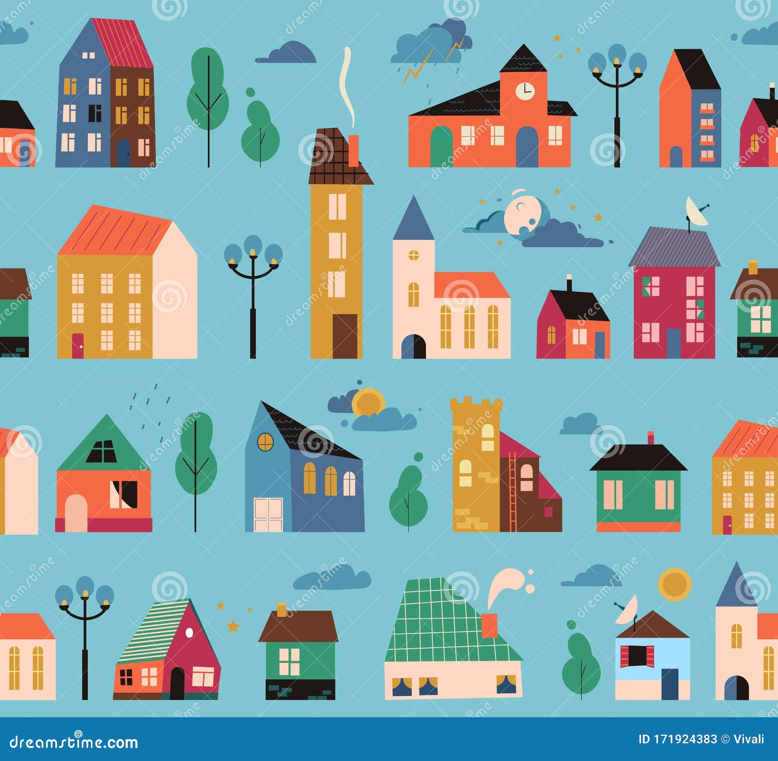 Vector Patten with Small Tiny Houses, Trees and Clouds. Stock Vector ...
