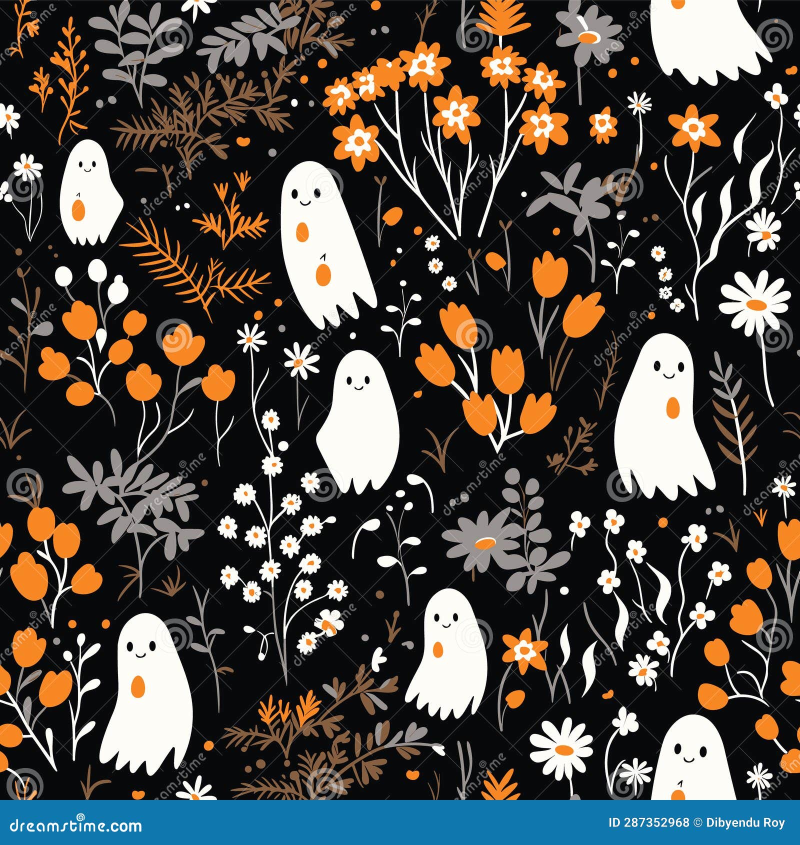 Ghostly Vector Pattern: Black Background with Ghosts, Plants, and ...