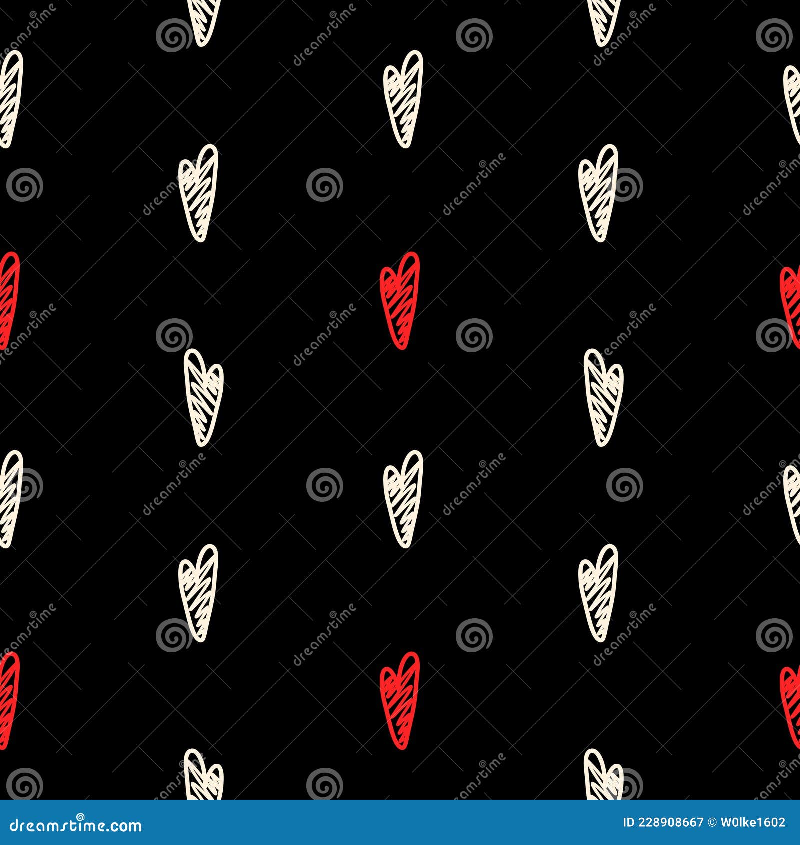 Vector Pattern with Black and Red Hearts in a Handmade Style on a Black ...