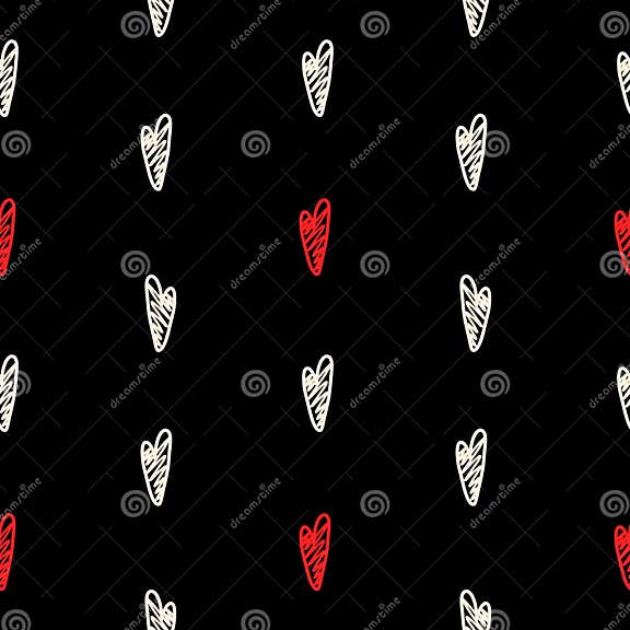 Vector Pattern with Black and Red Hearts in a Handmade Style on a Black ...