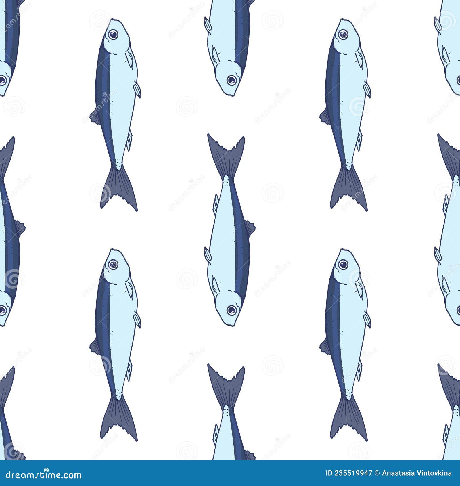 A Pattern of Blue Sardines. Seamless Drawing of a Hand-drawn Sketch of ...