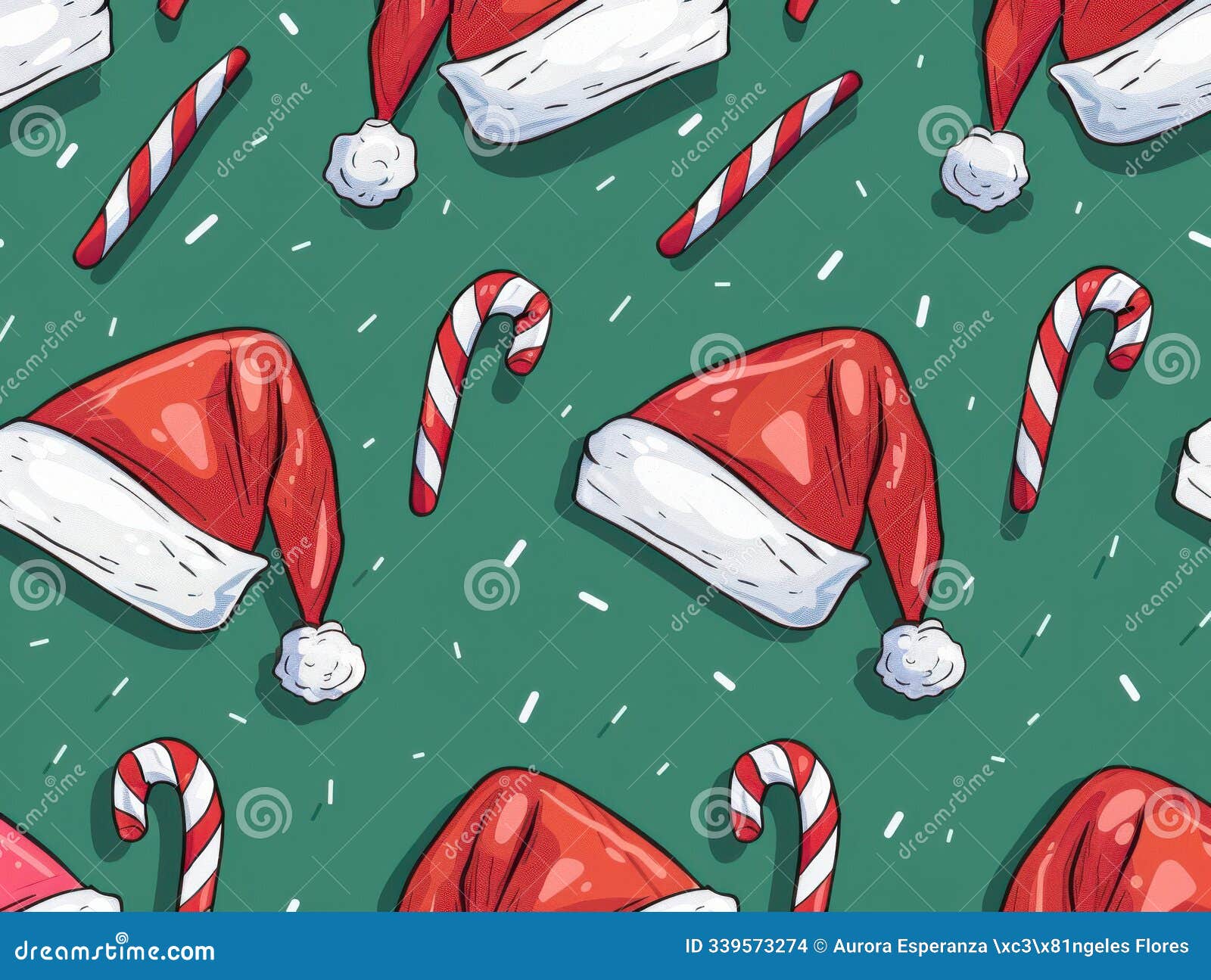 Pattern with Santa Claus Hats and Candy Canes on Green Background. AI ...