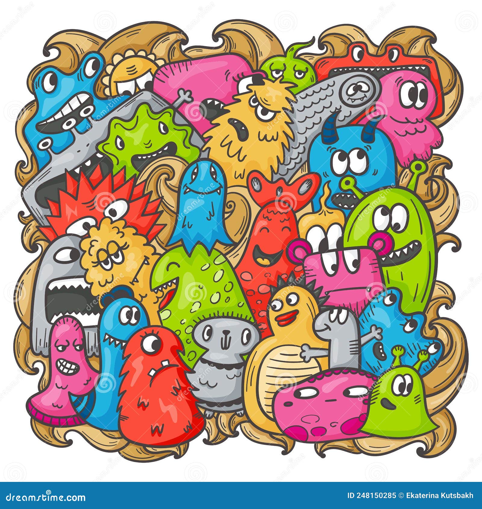 Vector Pattern with Cartoon Colored Doodle Monsters. Stock Illustration ...